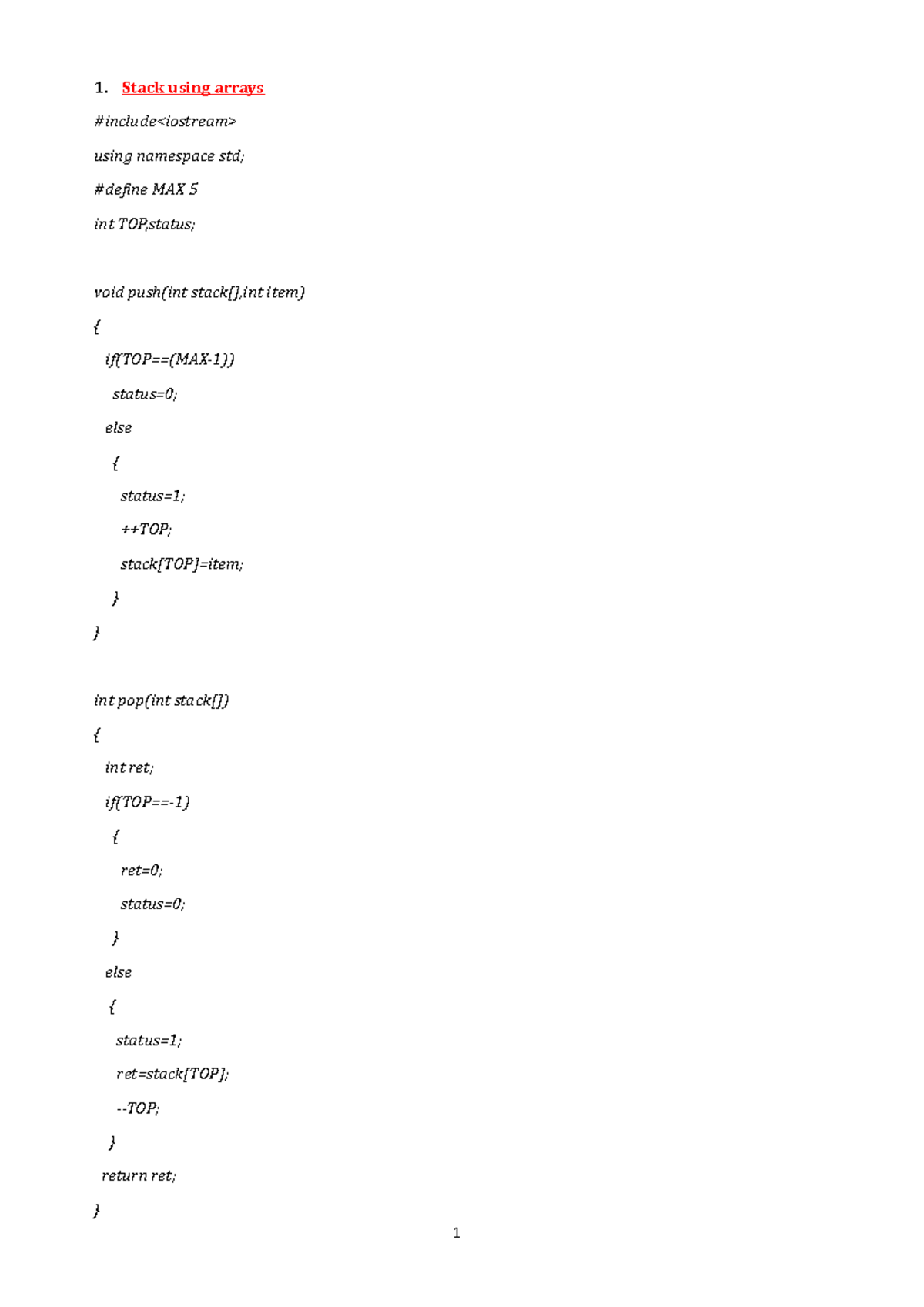 MID 2 Programs - DMS - 1. Stack using arrays #include using namespace std; #define MAX 5 int ...