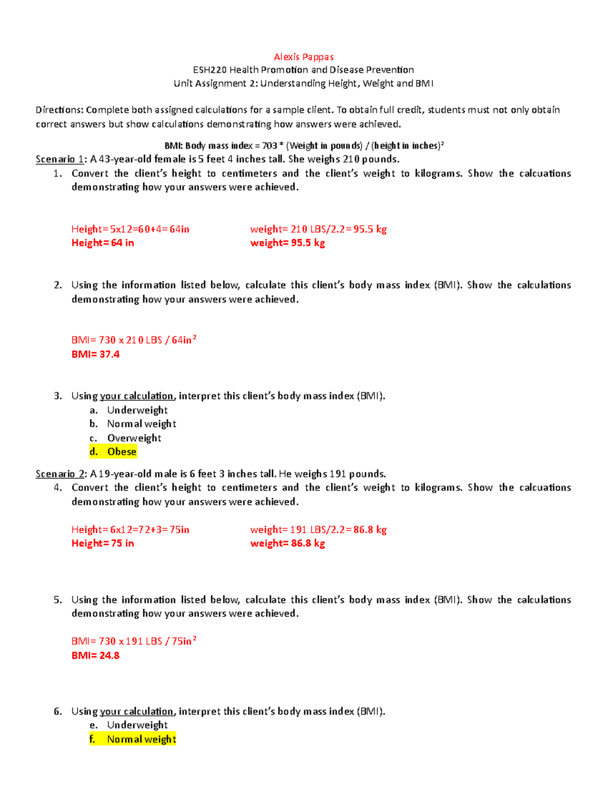 Unit Assignment 2 Understanding Height Weight and BMI - Alexis Pappas ...