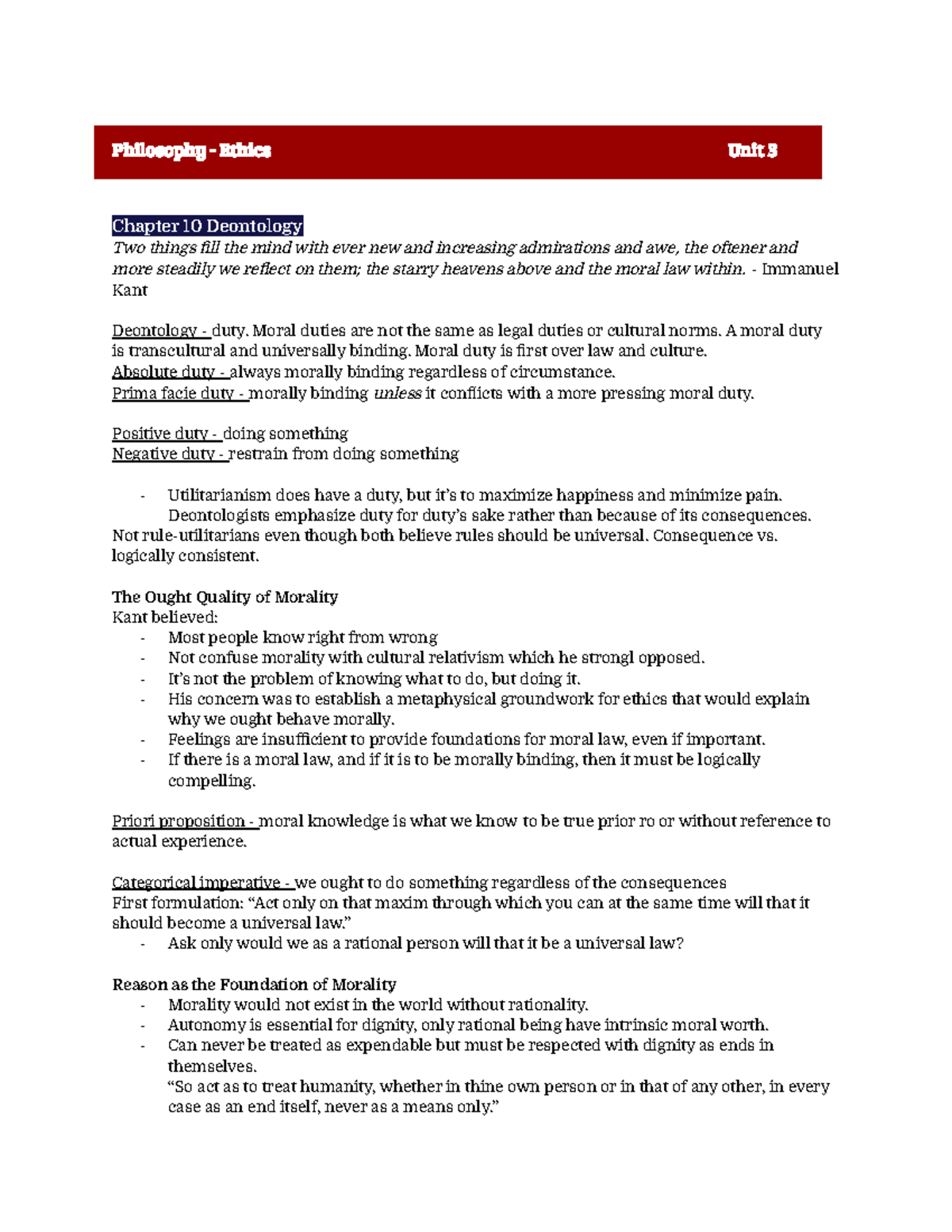 Unit 3 - Detailed notes covering deontology, virtue ethics and the good ...