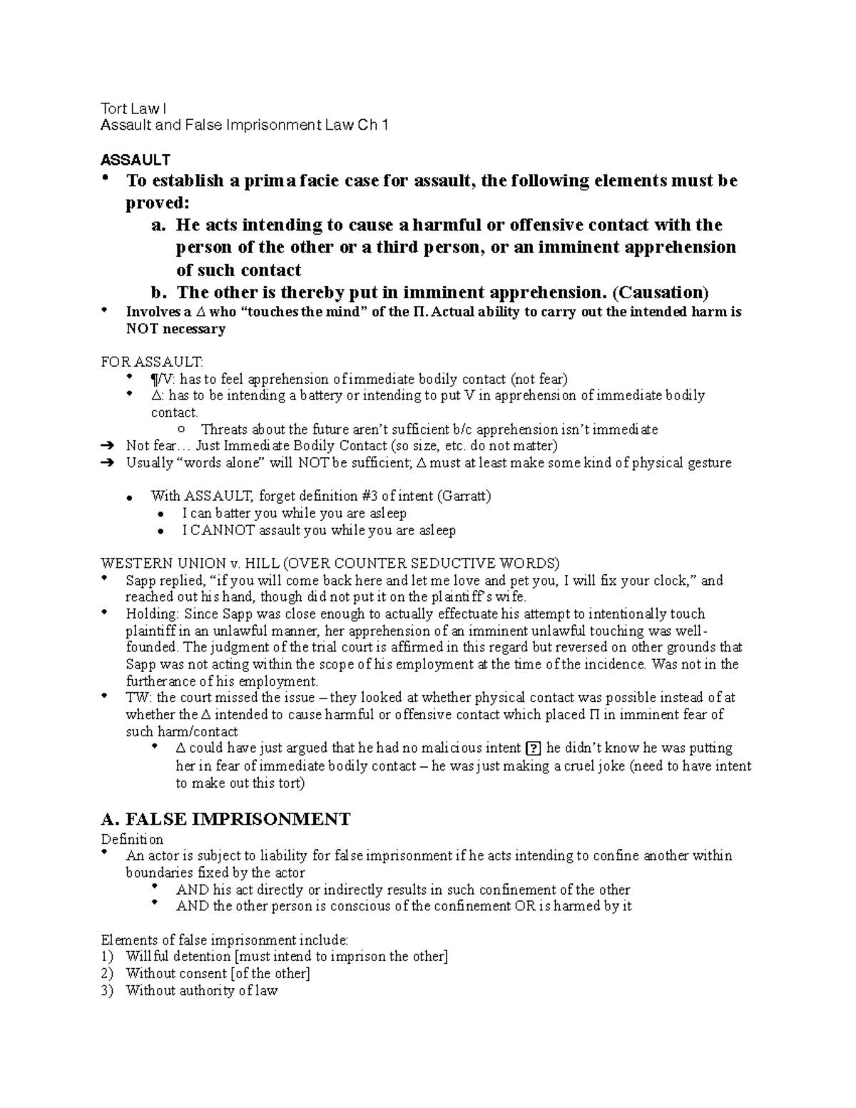 Assault And False Imprisonment Law Ch 1 He Acts Intending To Cause A
