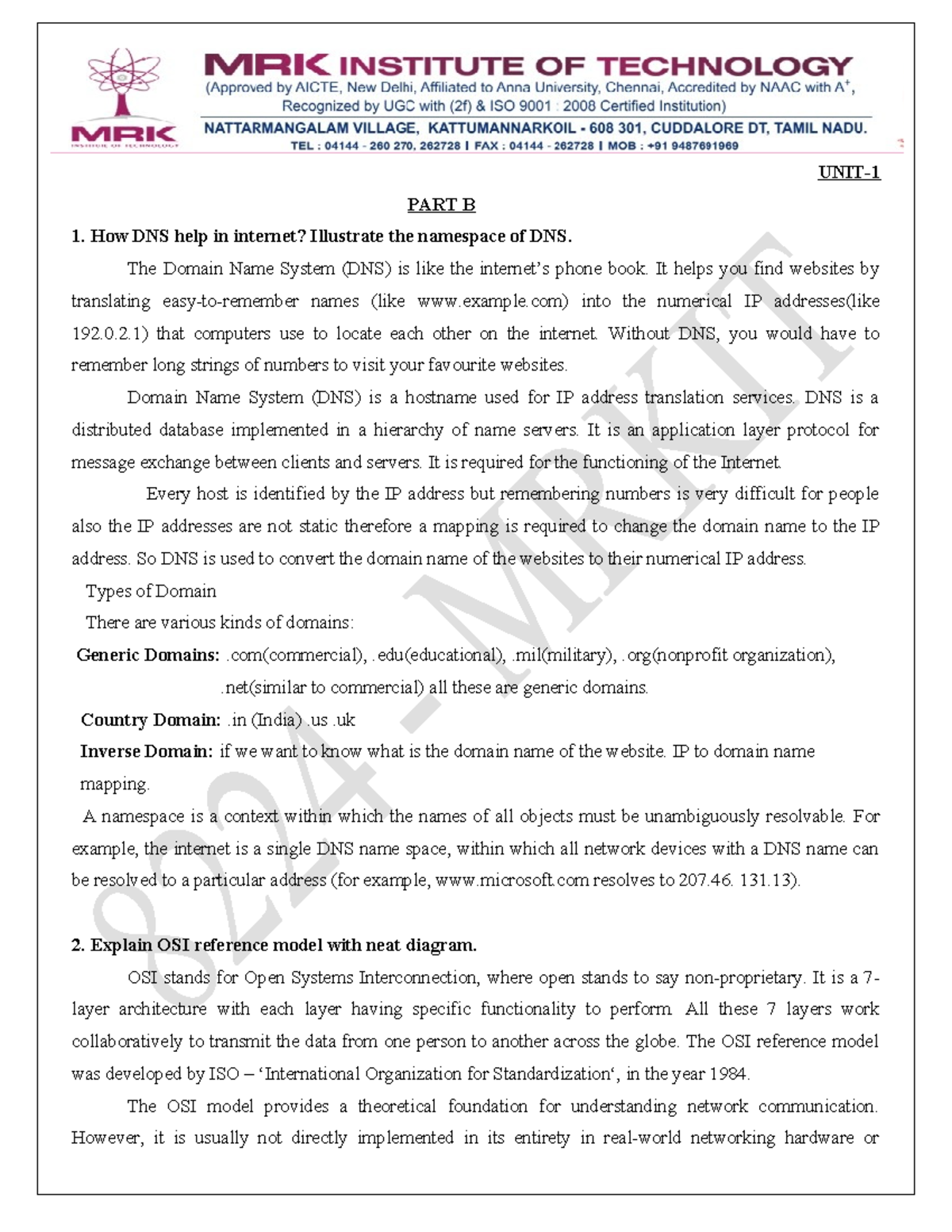 ALGO UNIT 5 PART B editing - UNIT- PART B How DNS help in internet? Illustrate the namespace of ...