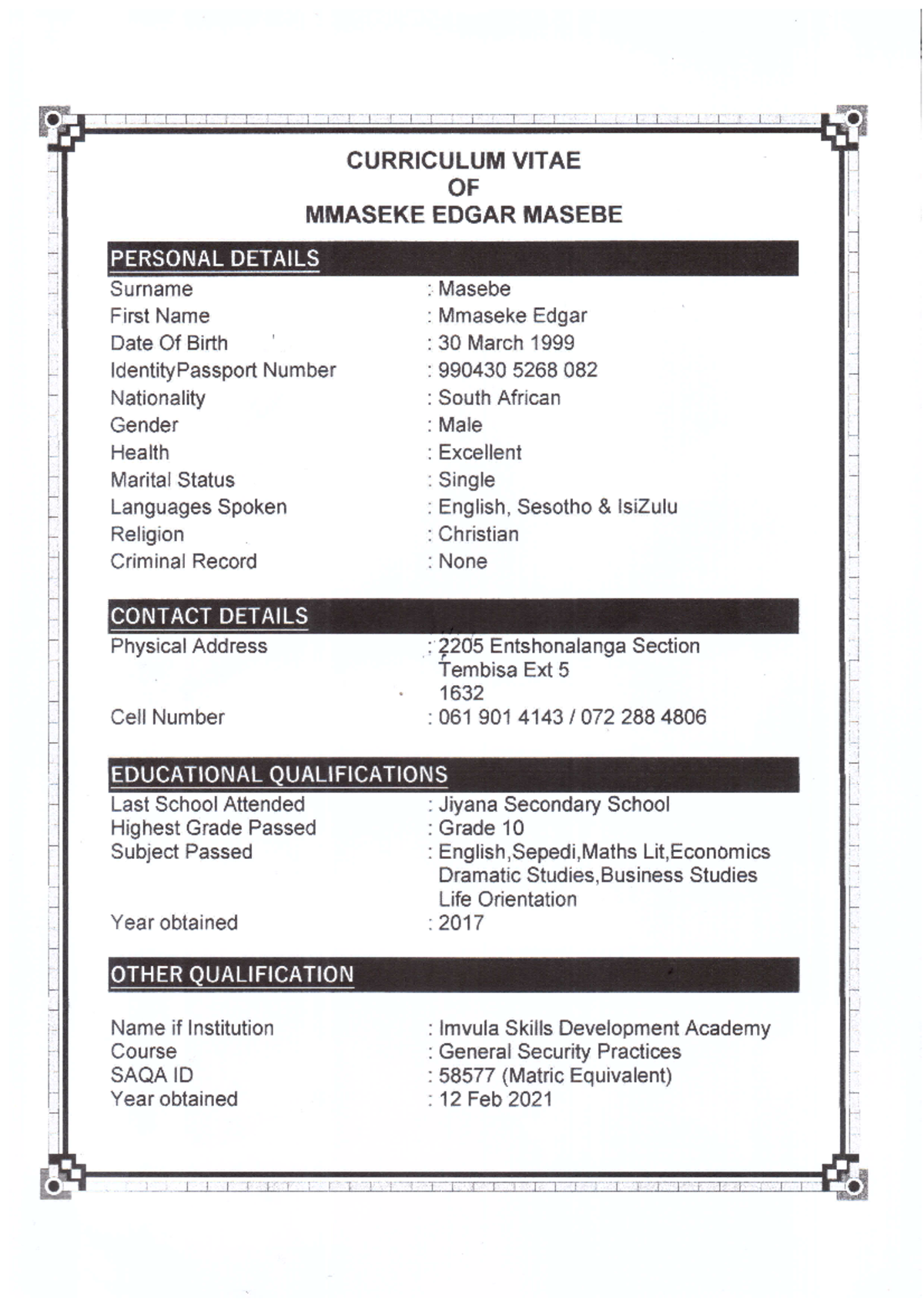 Edgar Mmaseke CV 2 - Tps3703 - Unisa - Studocu