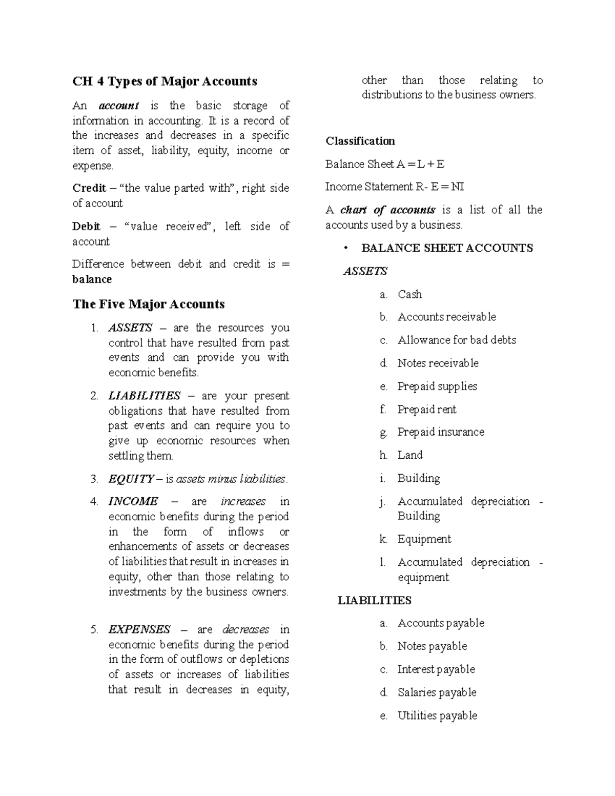 Semis (FAR) - BASIC ACCOUNTING - CH 4 Types of Major Accounts An ...