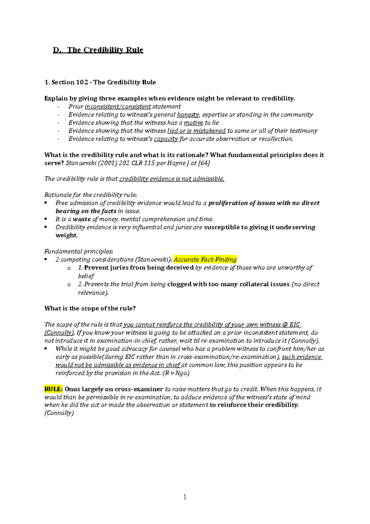 Credibility Rule - D. The Credibility Rule Section 102 - The ...