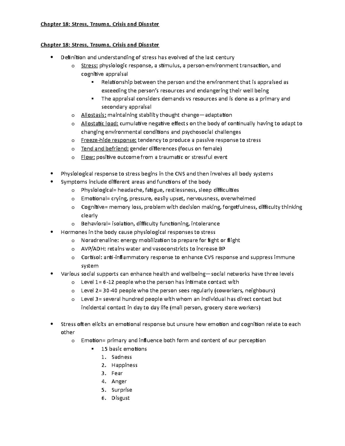 Chapter 18 stress trauma crisis and disaster notes - Chapter 18: Stress ...