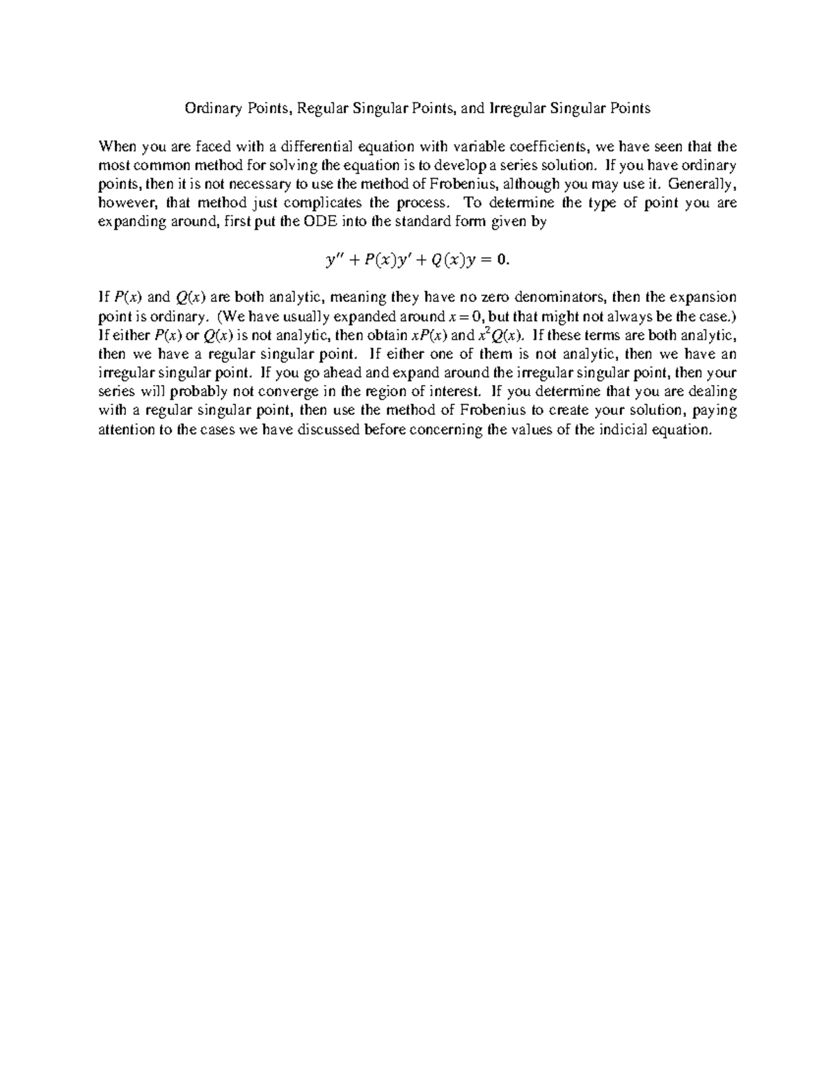 Ordinary Points - Good - Ordinary Points, Regular Singular Points, and ...