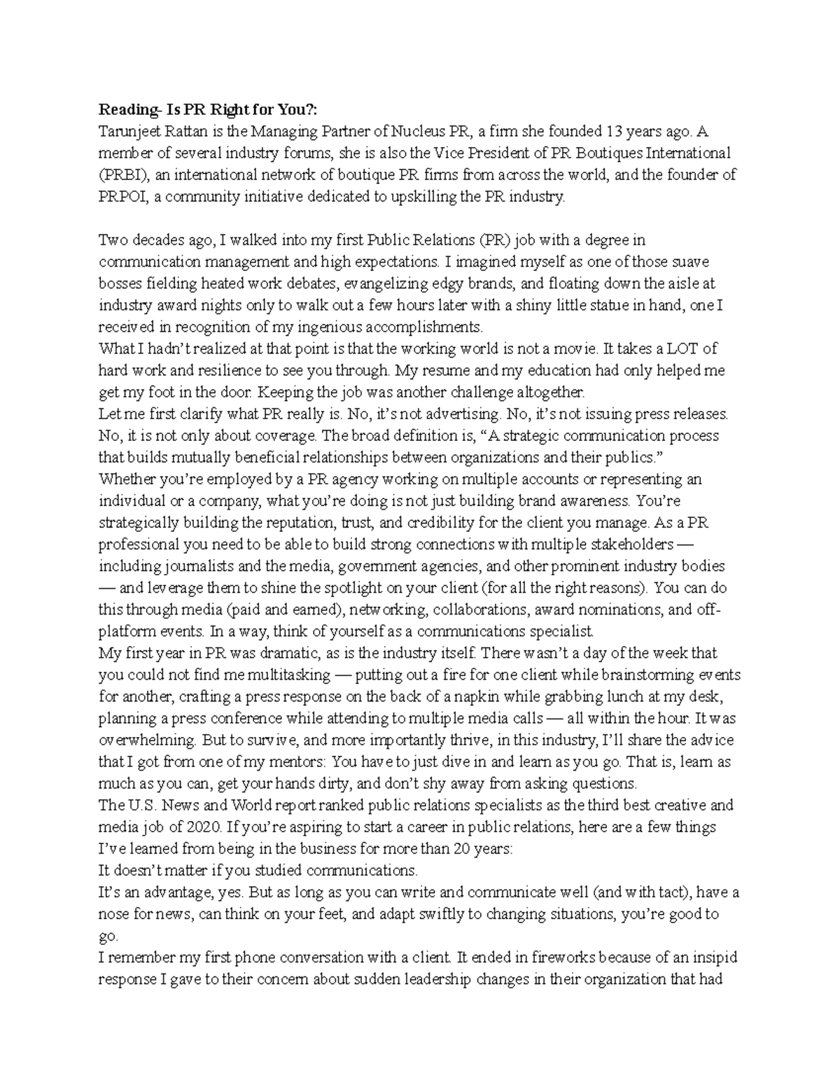 PRS340 Careers in PR Reading + Notes - Reading- Is PR Right for You ...