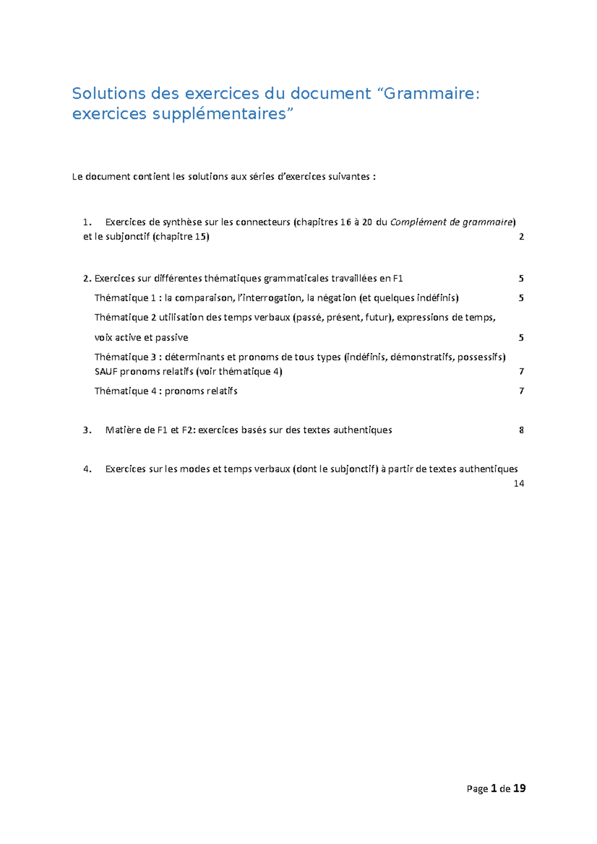 Corrigés Exercices supplémentaires grammaire - Solutions des exercices ...