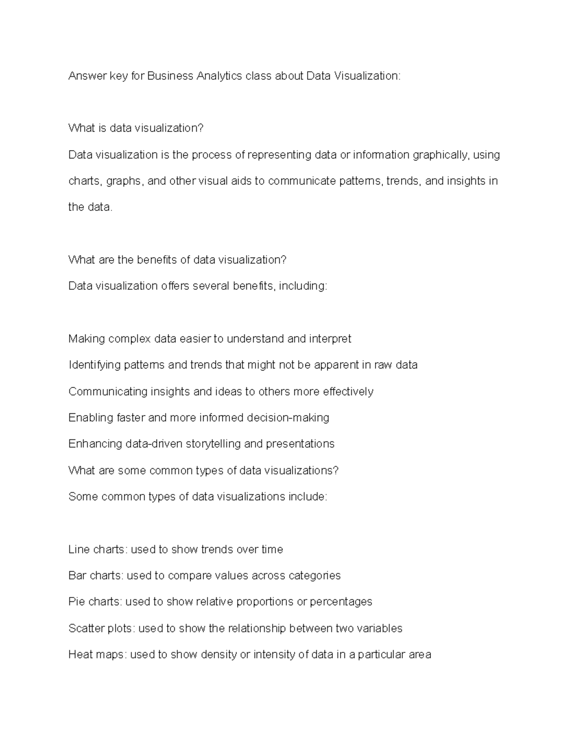 Answer key for Business Analytics class about data visualization - What are the benefits of data ...