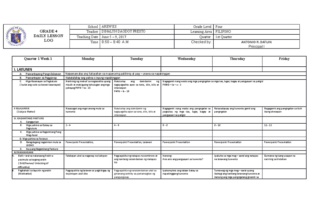 2. filipino DLL 4 Q1 Wk 1 JUNE 5-9, 2017 - GRADE 4 DAILY LESSON LOG ...
