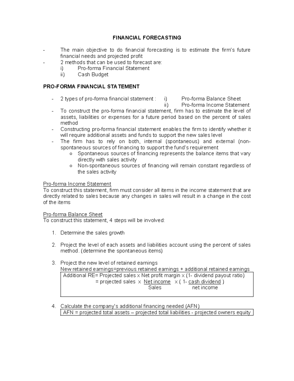 Notes - FINANCIAL FORECASTING The main objective to do financial ...