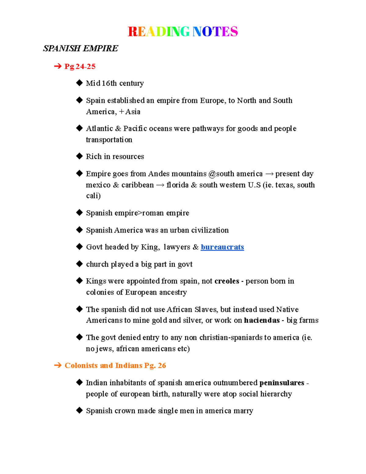 Reading Notes Apush - READINGNOTES SPANISH EMPIRE Pg 24- Mid 16th ...