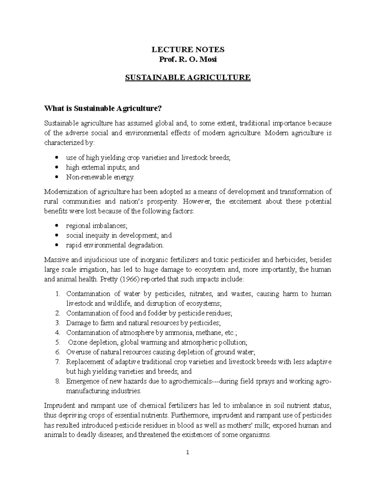 Sustainable Agriculture and Food Security1 - LECTURE NOTES Prof. R. O ...
