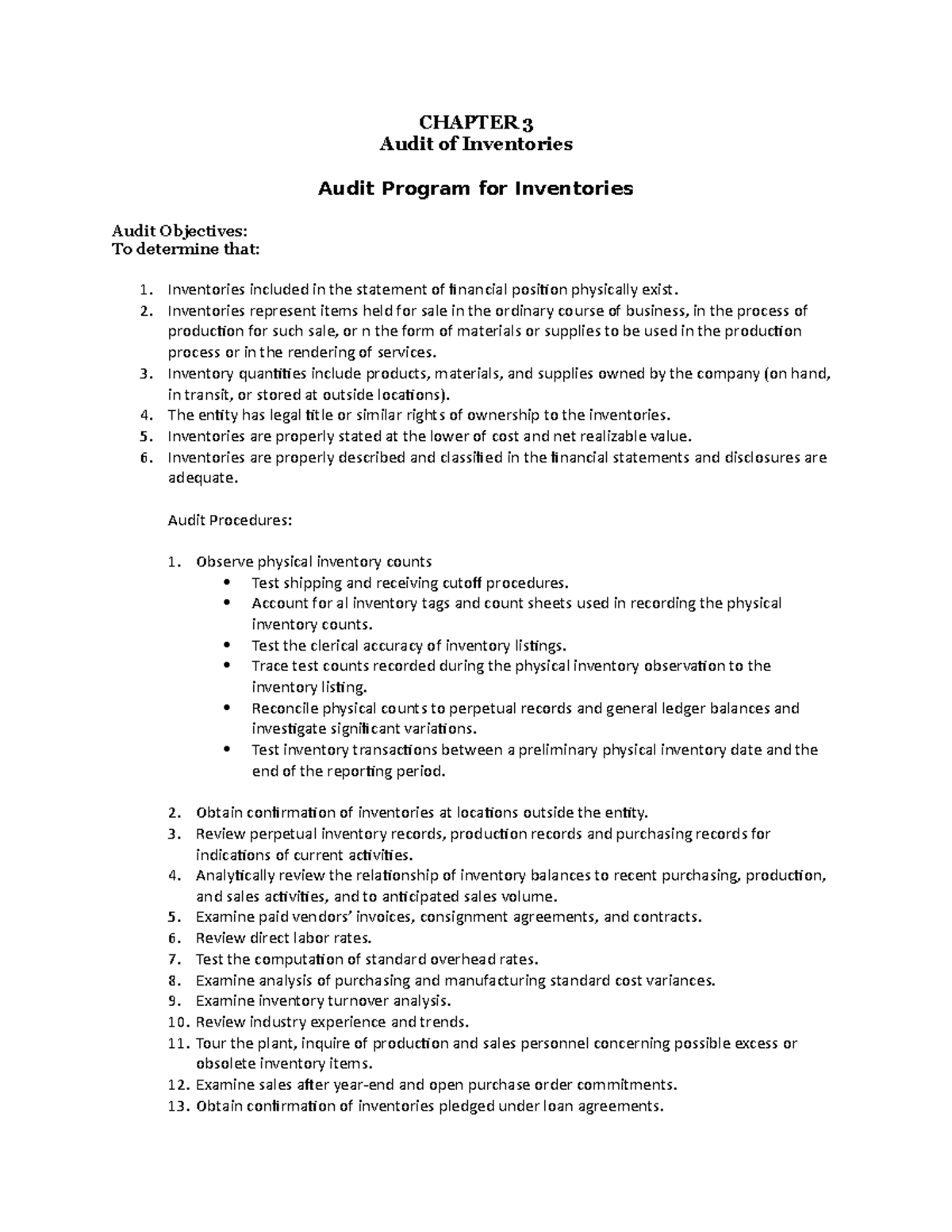 Chapter 3 Inventories - CHAPTER 3 Audit of Inventories Audit Program for Inventories Audit - Studocu