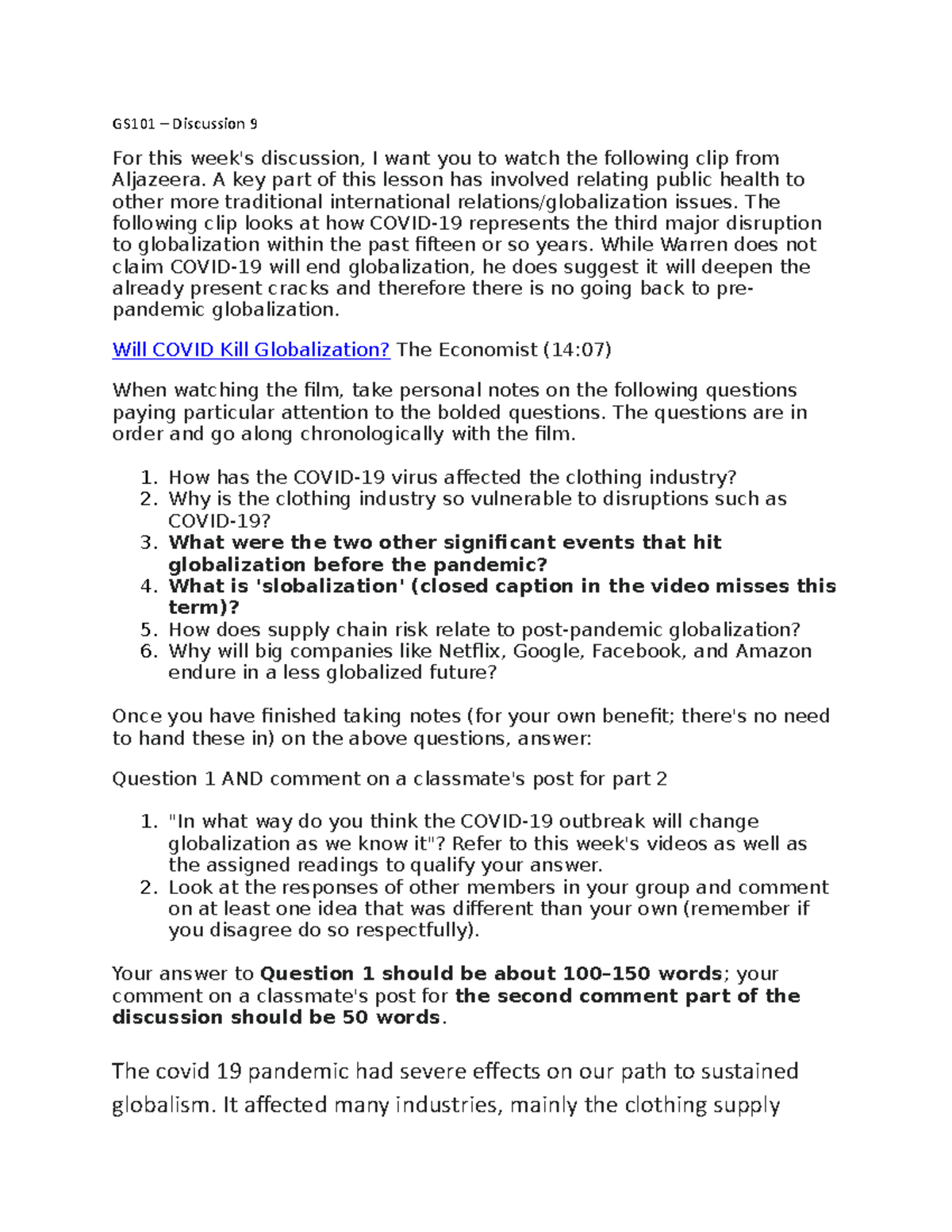 GS101- Discussion 9 - GS101 – Discussion 9 For this week's discussion ...