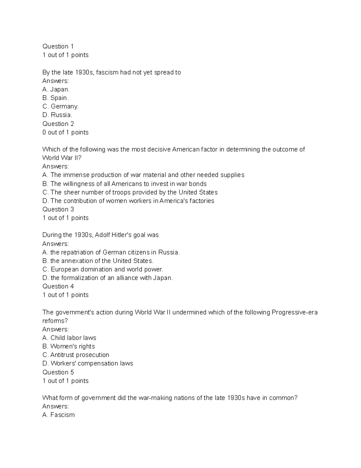 Chapter 23 Review Quiz - Question 1 1 out of 1 points By the late 1930s ...