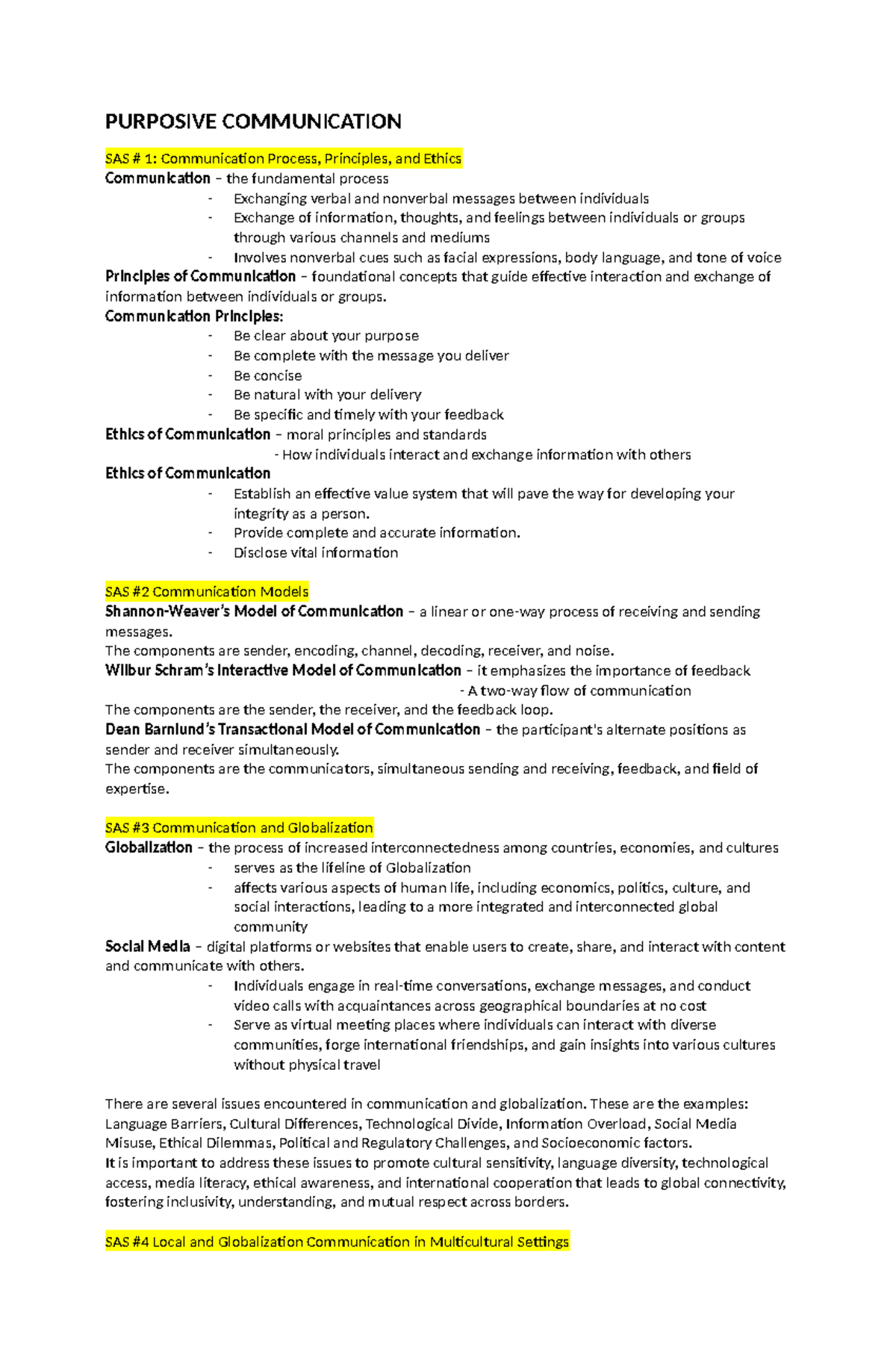 Notes - PURPOSIVE COMMUNICATION SAS # 1: Communication Process ...