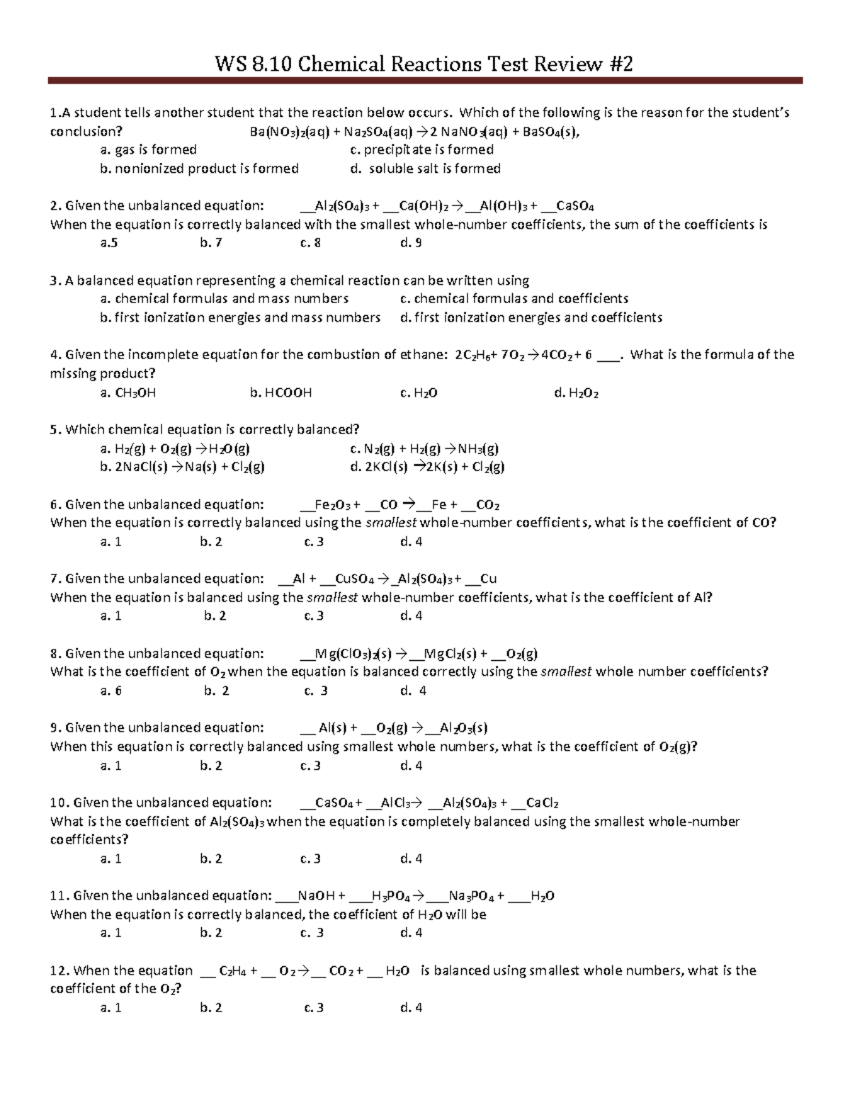 WS 8.10 Test Review #2 - assignment - WS 8. 10 Chemical Reactions Test ...
