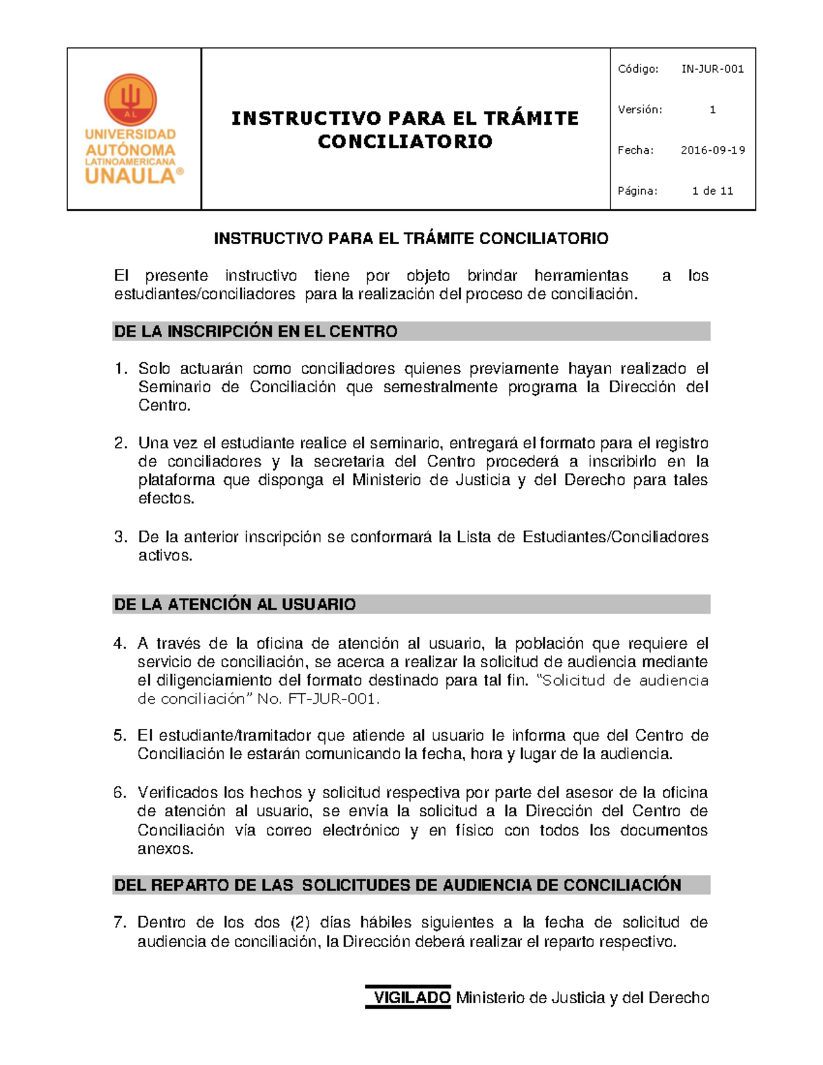 IN-JUR-001 Trámite conciliatorio - INSTRUCTIVO PARA EL TRÁMITE CONCILIATORIO Versión: 1 Fecha ...