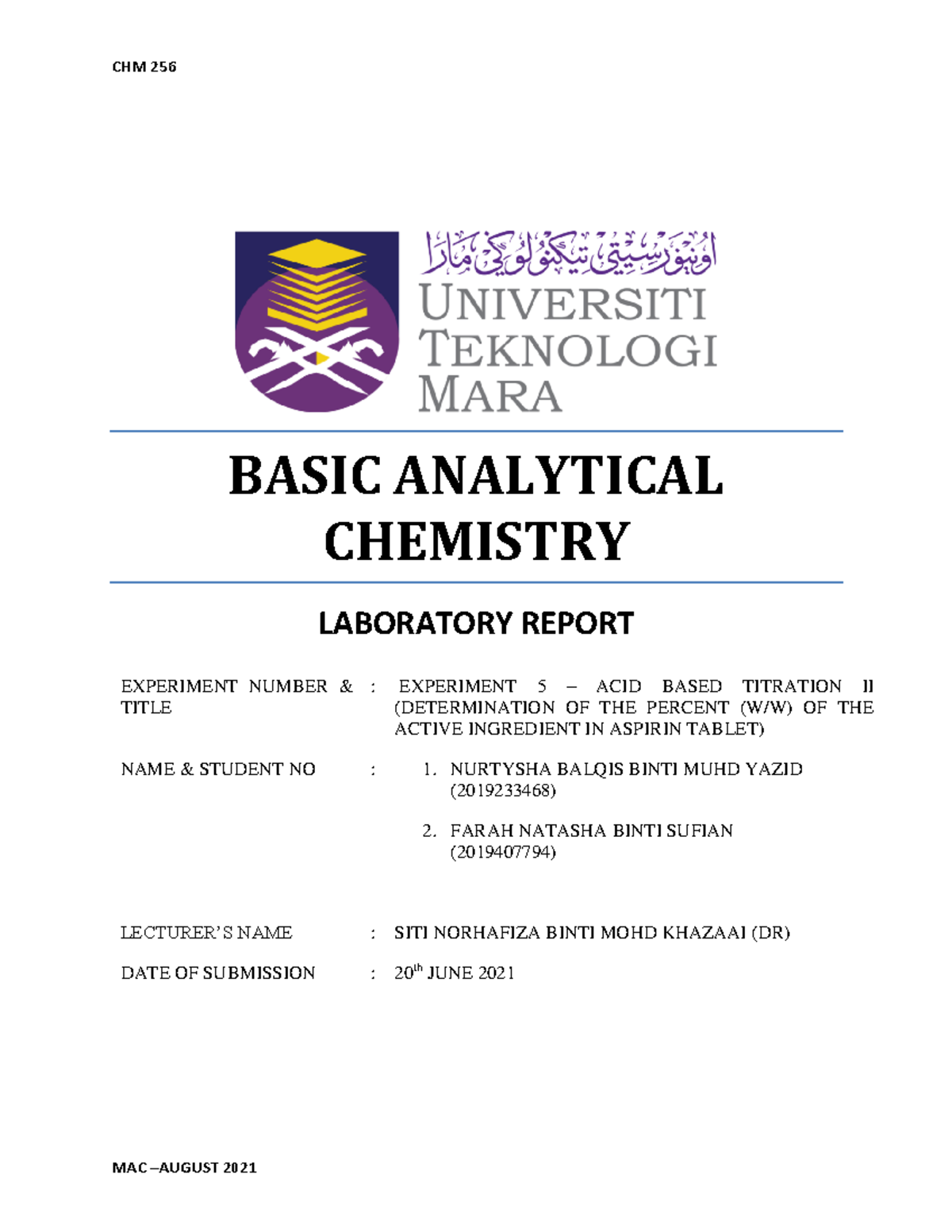 CHM256 Experiment 5 - CHM 256 MAC –AUGUST 2021 BASIC ANALYTICAL CHEMISTRY LABORATORY REPORT ...