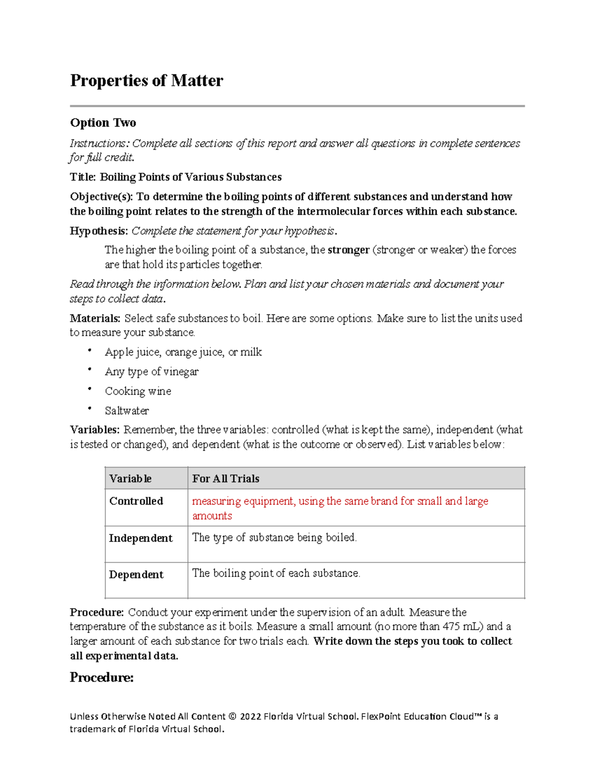 Matter report - Properties of Matter Option Two Instructions: Complete ...