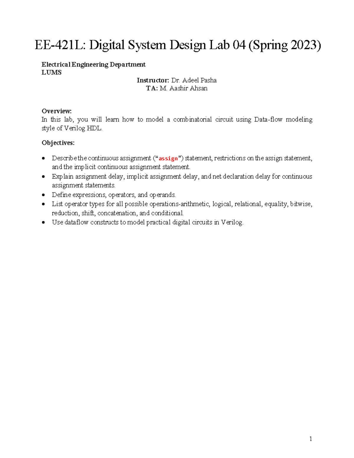 EE421L DSD Spring 2023 Lab04 Manual - EE-421L: Digital System Design Lab 04 (Spring 2023 ...