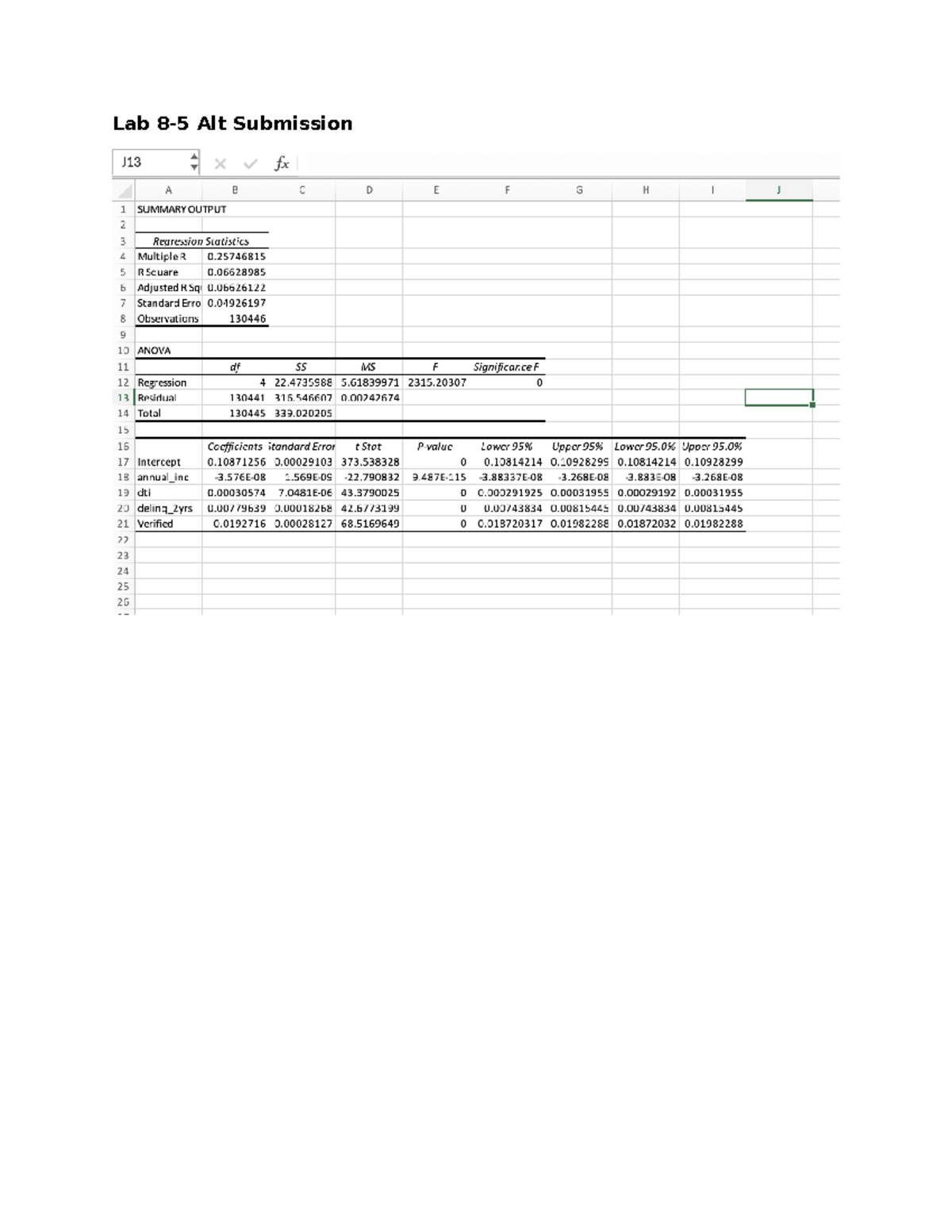 Lab 8-5 Alt Submission - Accounting data analytics - ACCT 4336 - Lab Alt Submission J13 X fx A B ...