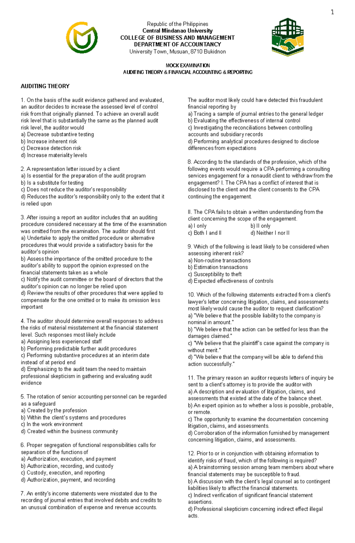 Audit & FAR Mock Exam - Republic of the Philippines Central Mindanao ...