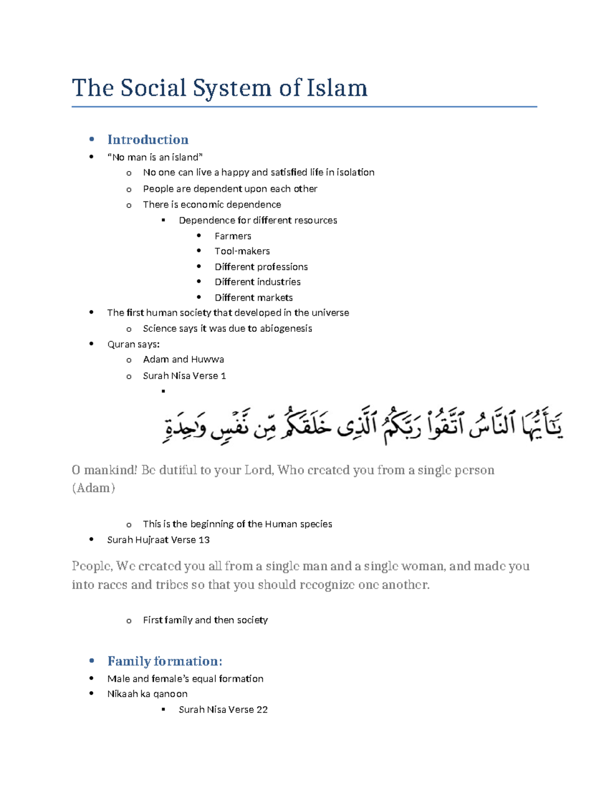 The Social System of Islam - o First family and then society Family ...