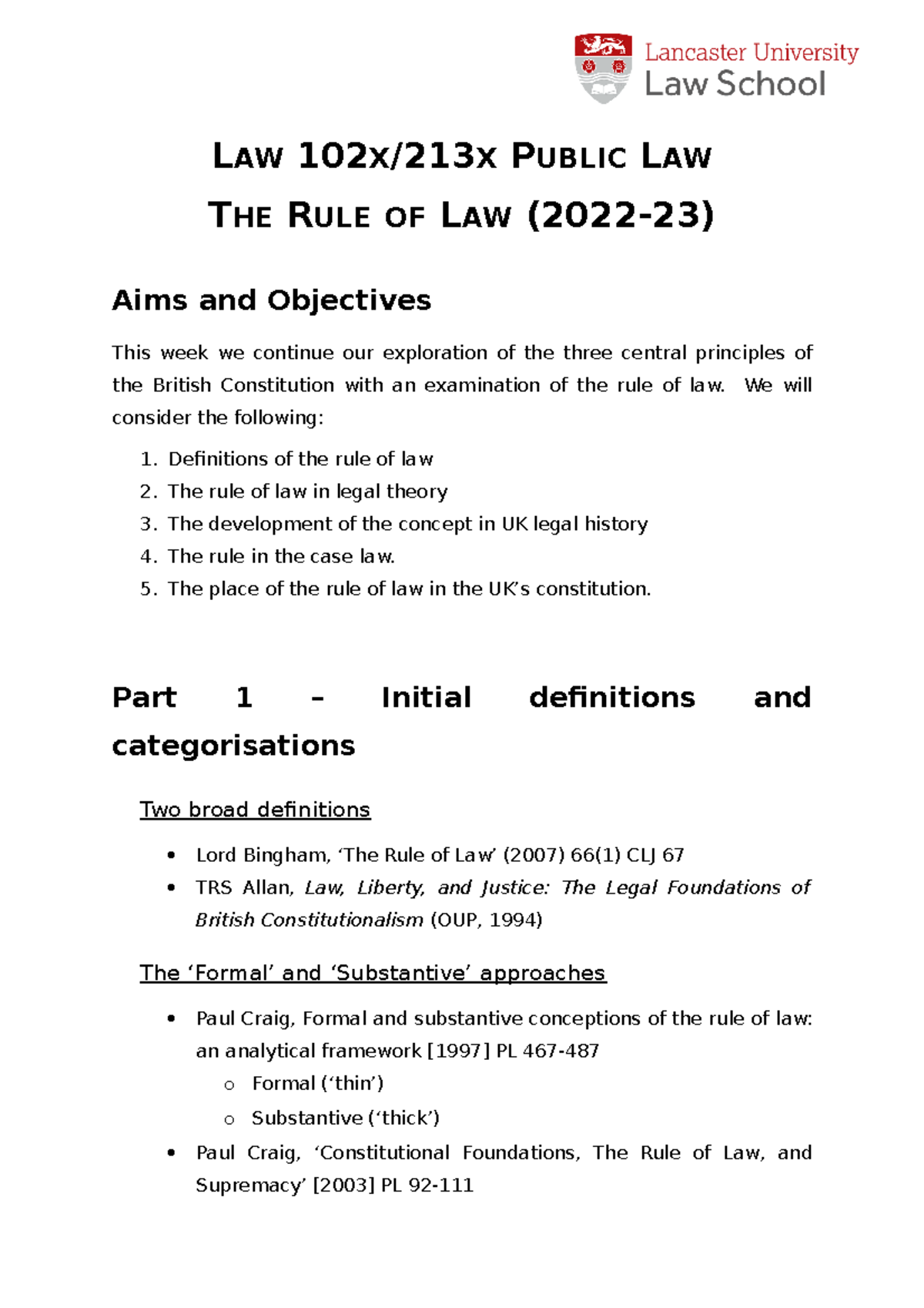 The Rule of Law (hand out) (2022-23) - LAW 102 X/213X PUBLIC LAW THE ...