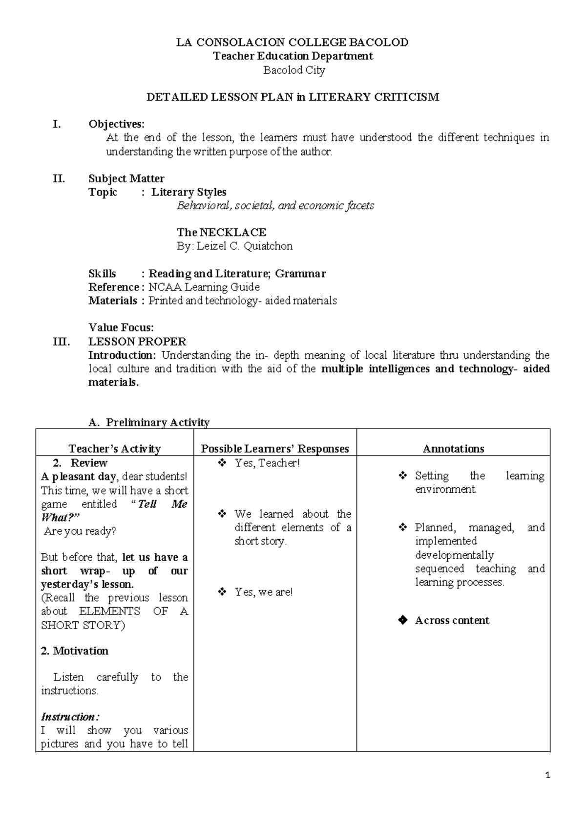 SEMI- Detailed Lesson PLAN - LA CONSOLACION COLLEGE BACOLOD Teacher ...