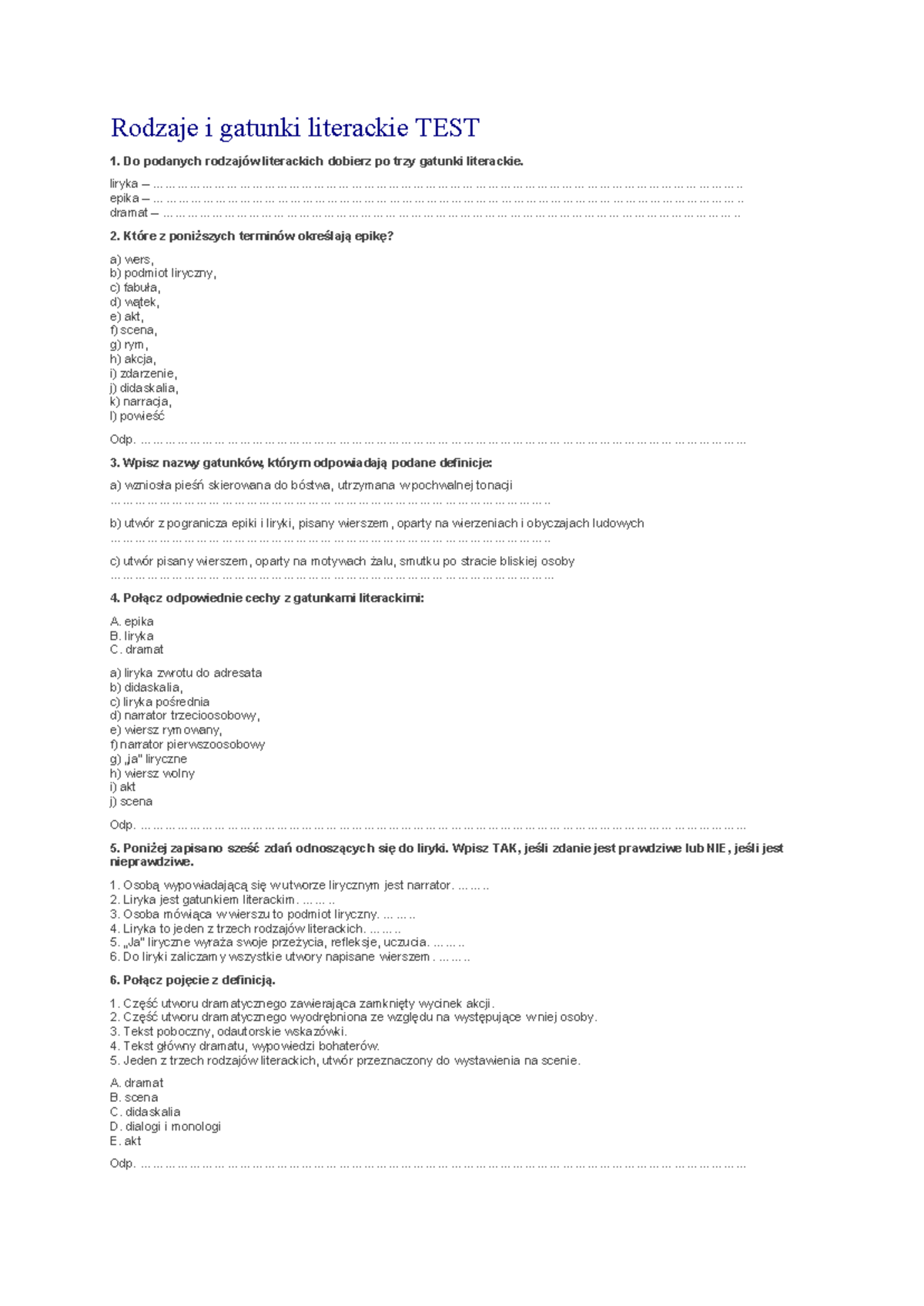 Rodzaje i gatunki literackie TEST - liryka – - Studocu