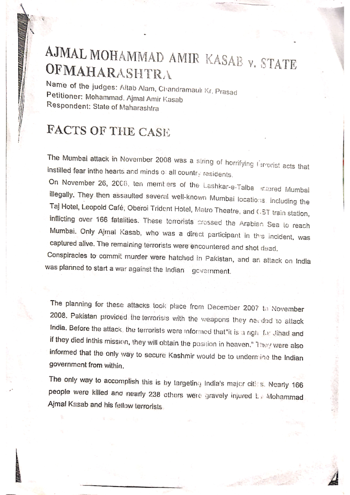 Ajmal kasab - AJMAL MOHAMMAD AMIR KASAB V. STATE OFMAHARASHTRA Name of ...