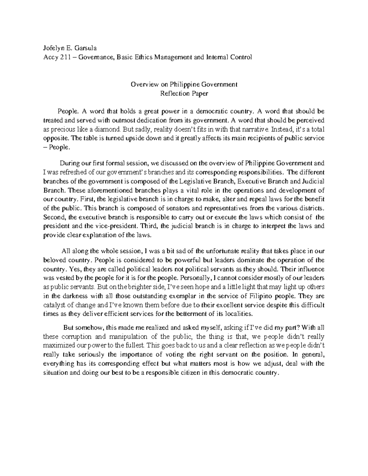 Reflection Paper on Philippine Governmen - Jofelyn E. Garsula Accy 211 ...
