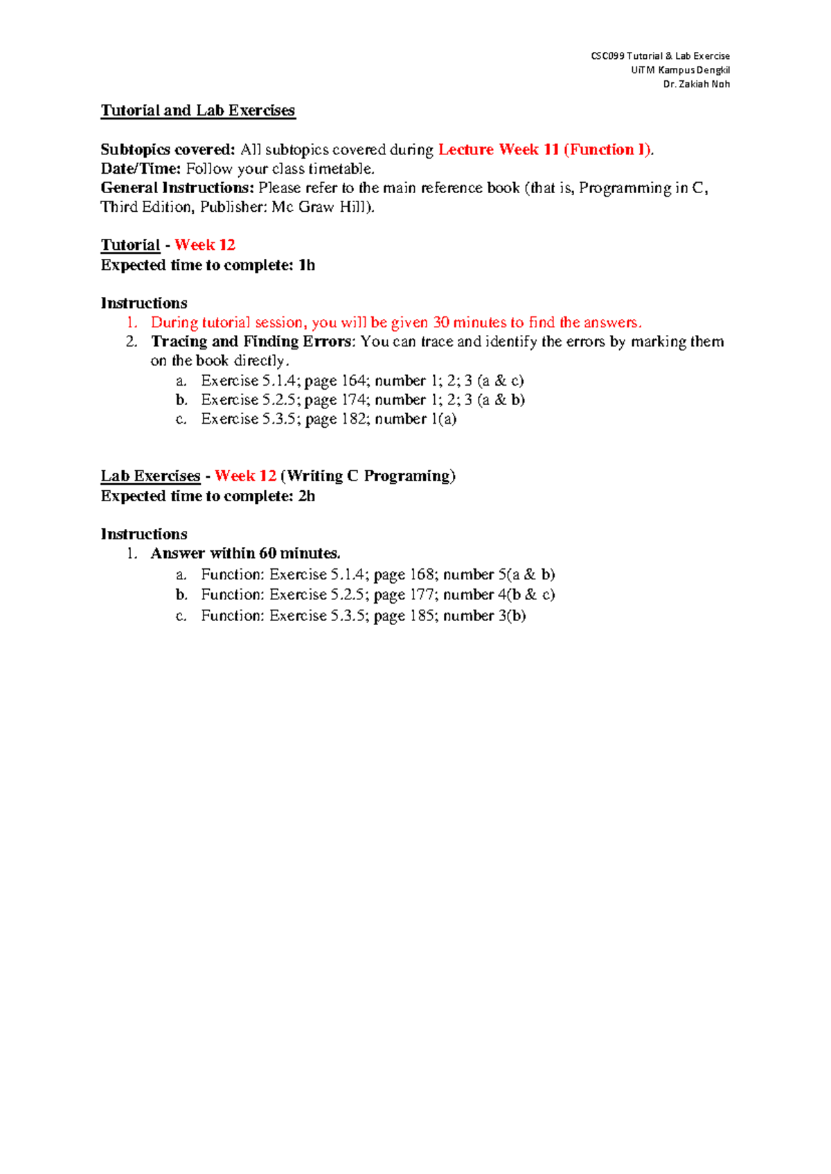 Week 12 - Tutorial and Lab Exercises - CSC099 Tutorial & Lab Exercise UiTM Kampus Dengkil Dr ...