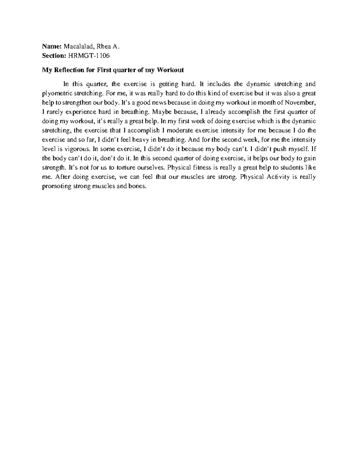 Reflection for Second Quarter - Name: Macalalad, Rhea A. Section: HRMGT ...