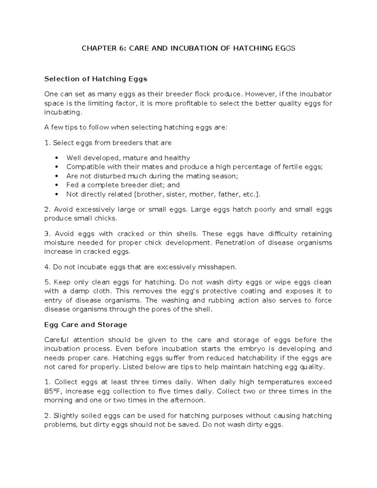 Chapter 6 CARE AND Incubation OF Hatching EGGS - CHAPTER 6: CARE AND INCUBATION OF HATCHING EGGS ...