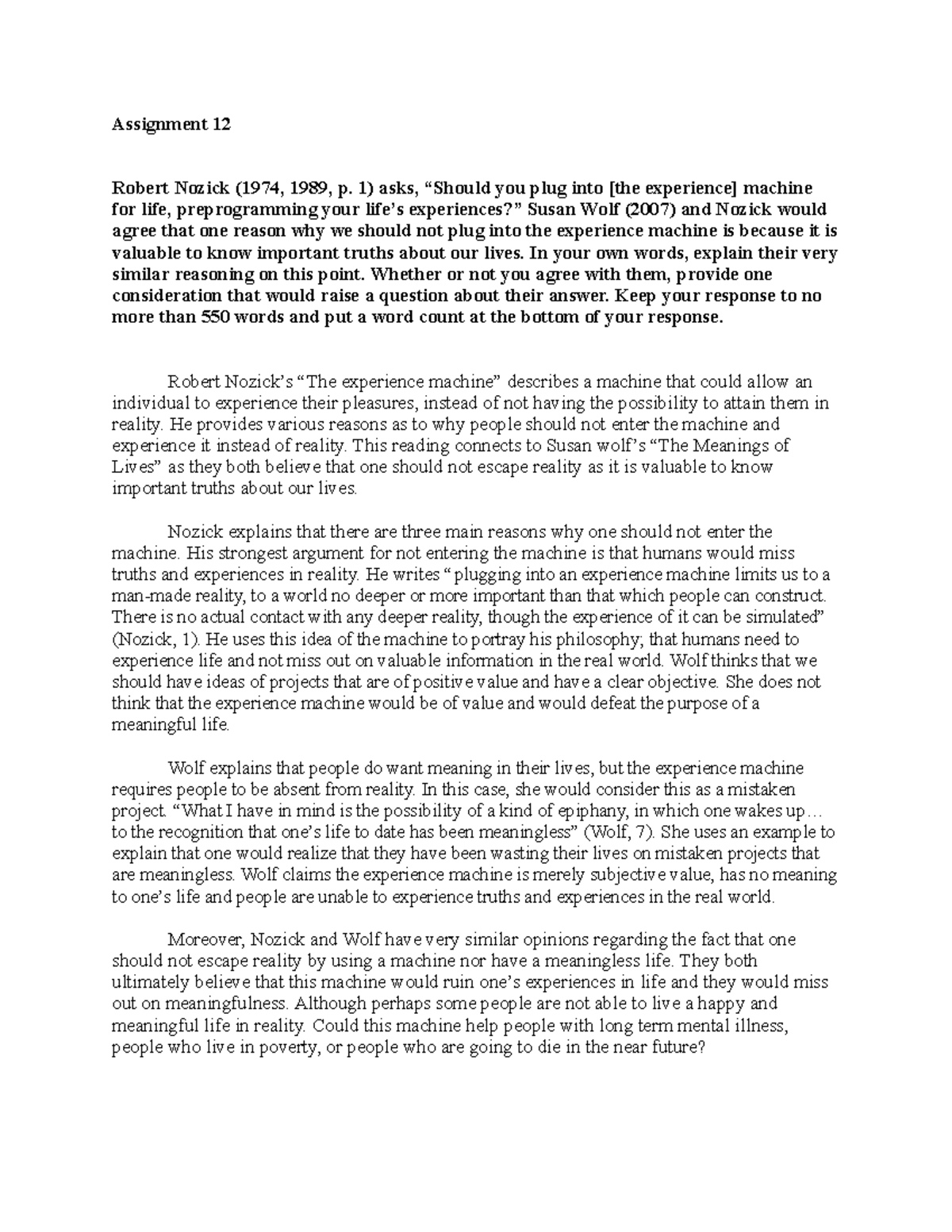 Assignment 12 - PHIL 111A - Assignment 12 Robert Nozick (1974, 1989, p ...