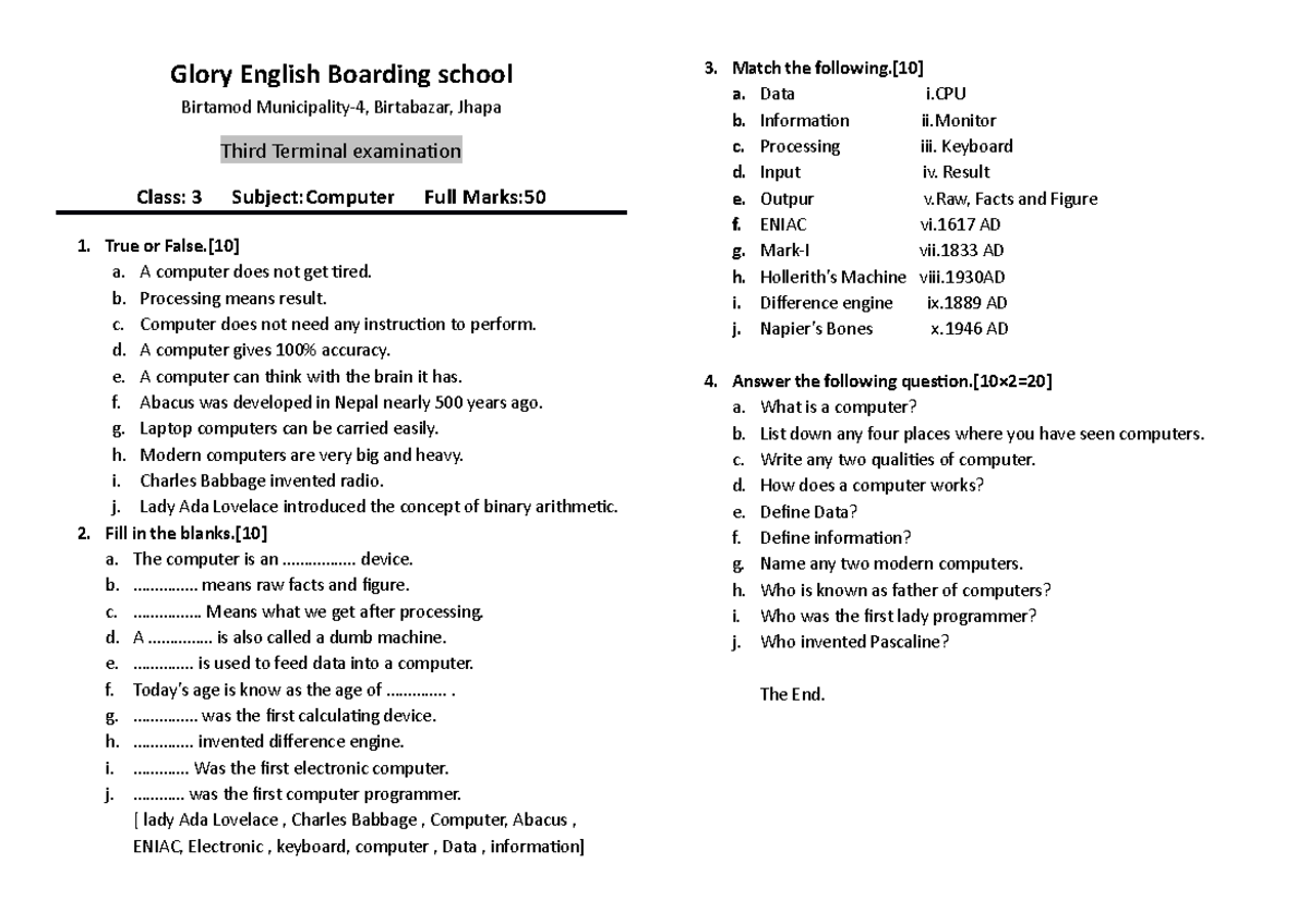 Class 3 computer class 4 computer class - Glory English Boarding school ...