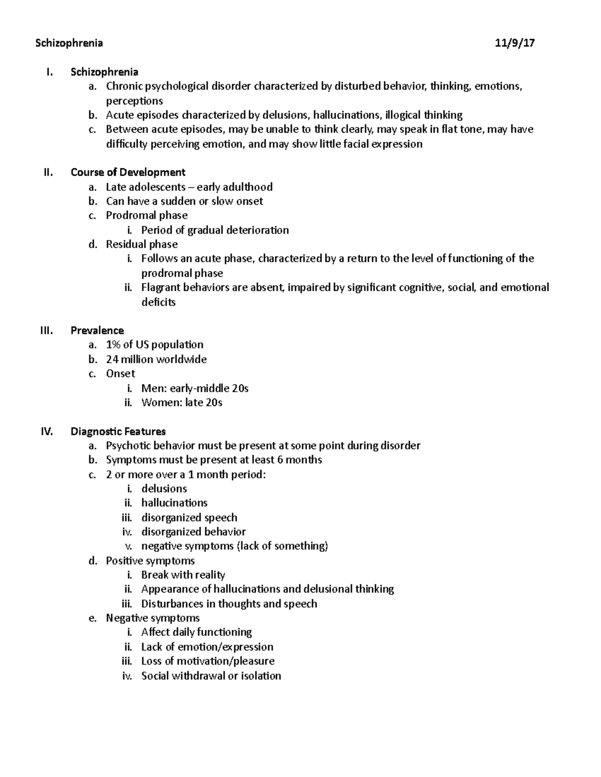 11- Schizophrenia - Lecture notes 11 - Schizophrenia 11/9/17 I ...