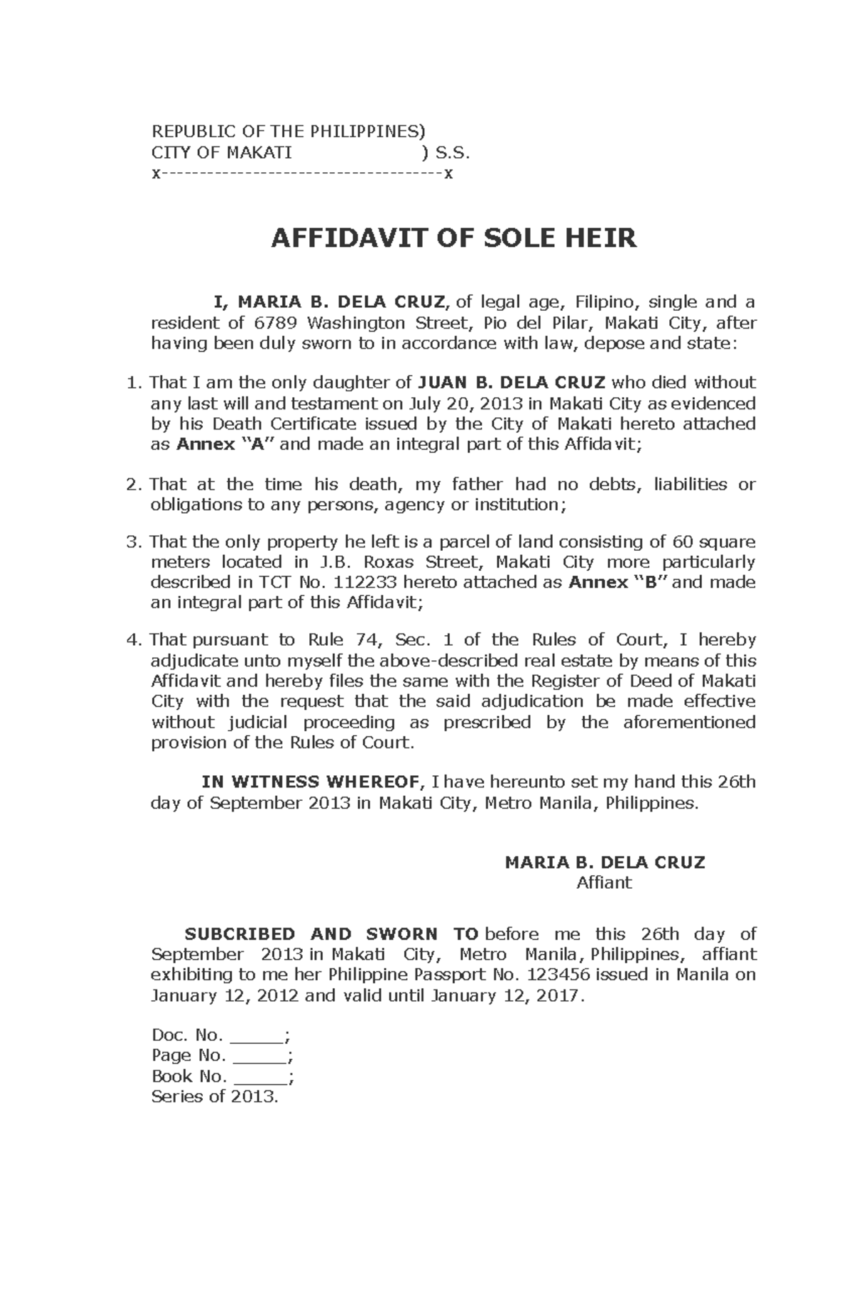 Affidavit of Sole Heir - about law - REPUBLIC OF THE PHILIPPINES) CITY OF MAKATI ) S. x-x ...