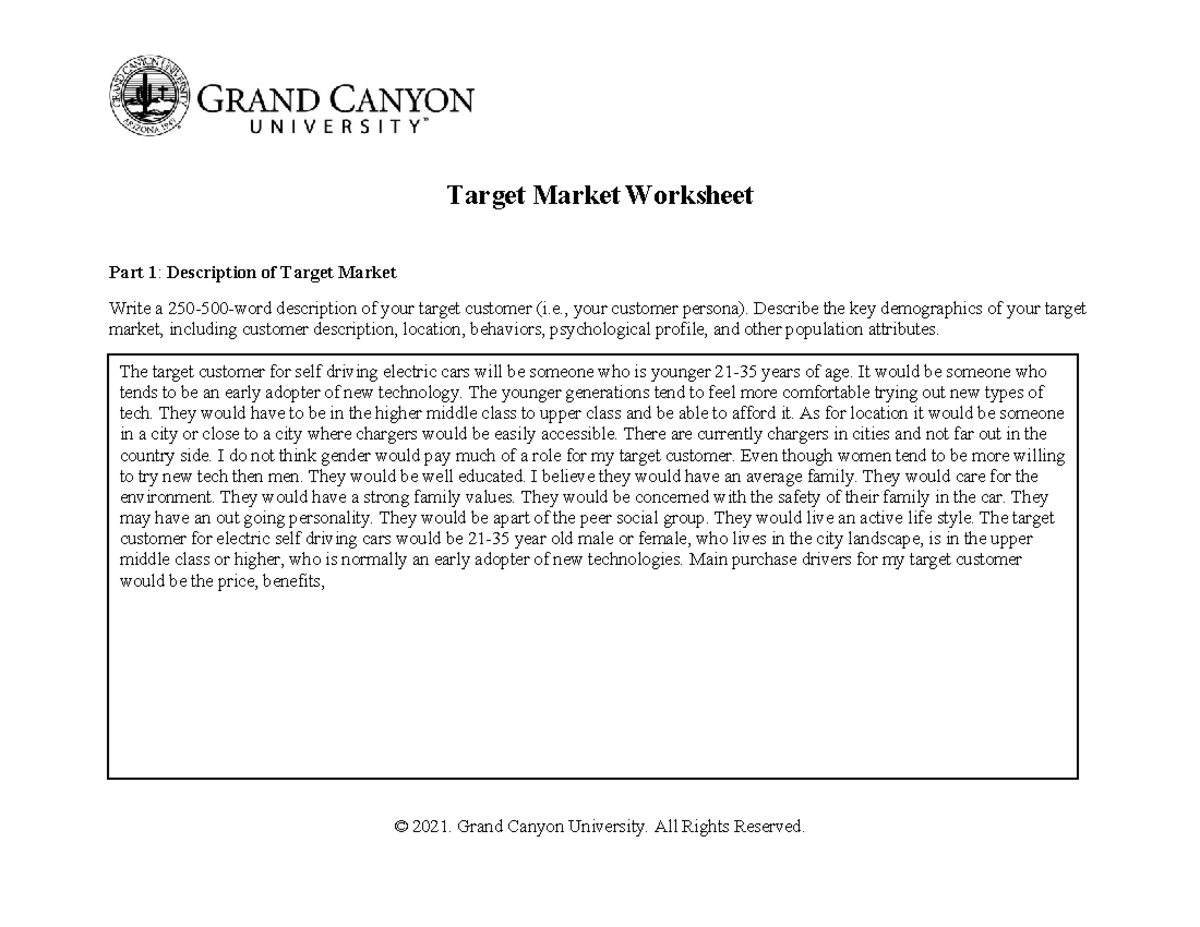 Target market worksheet - Target Market Worksheet Part 1: Description ...