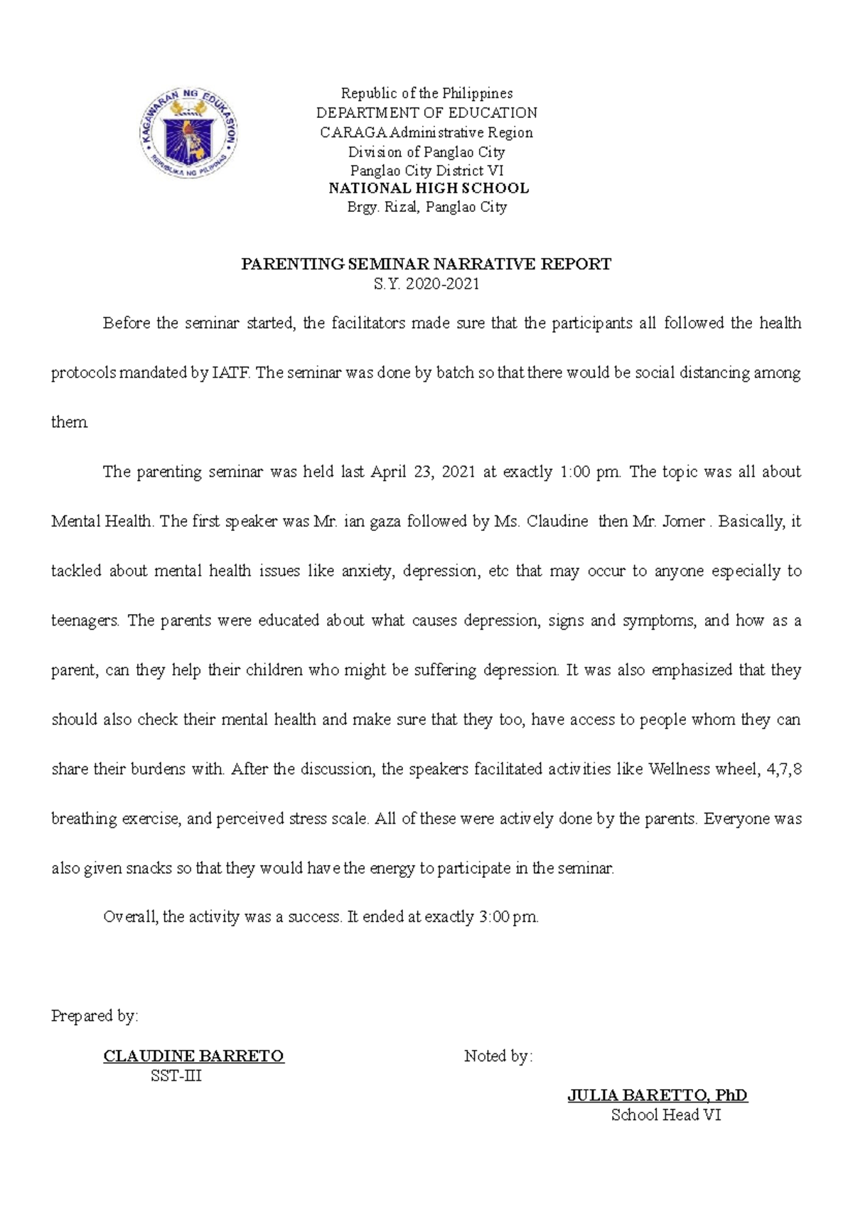 Parenting Seminar Narrative - DEPARTMENT OF EDUCATIONRepublic of the ...