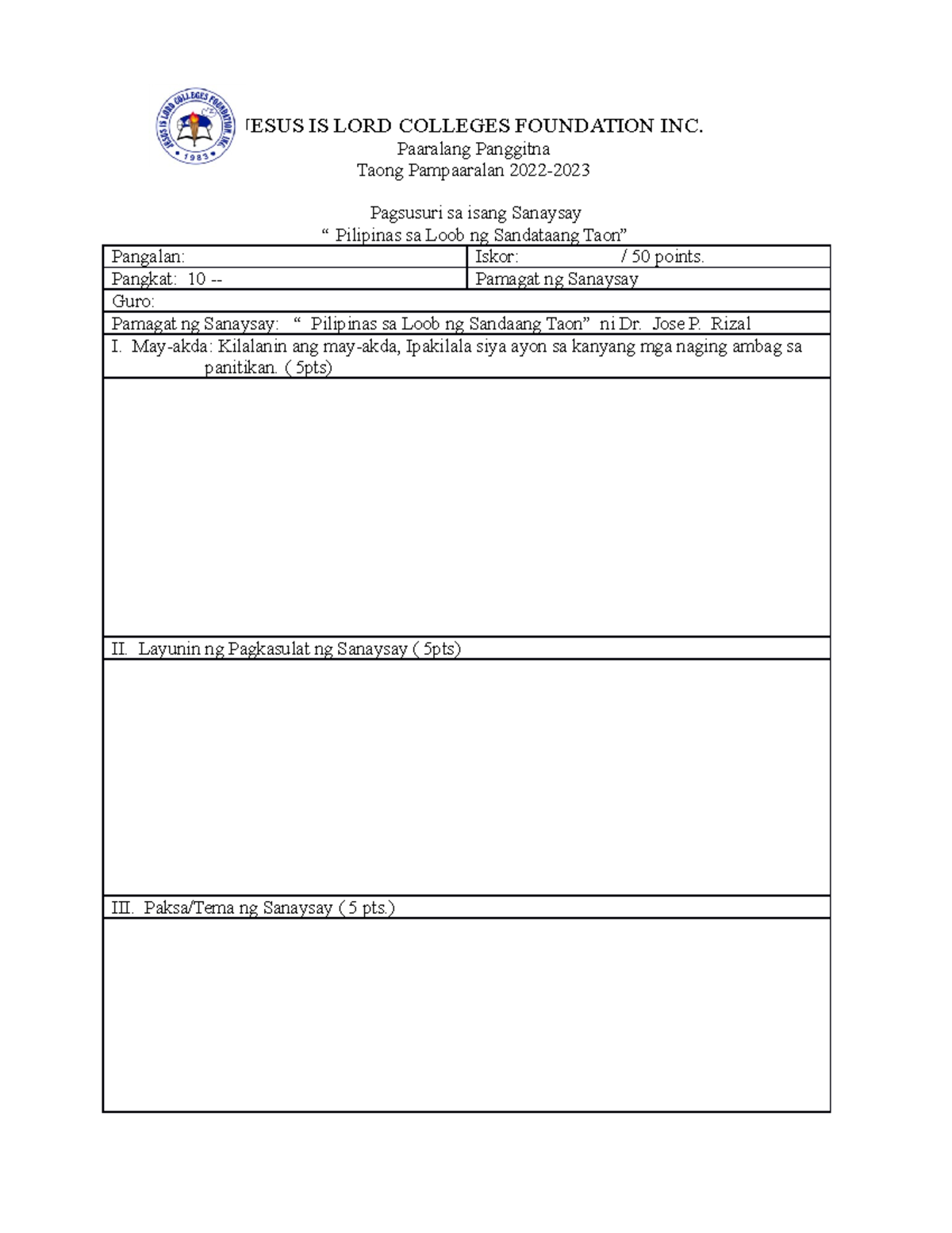 Template-para-sa-Pagsusuri-ng-Sanaysay-1 - JESUS IS LORD COLLEGES ...