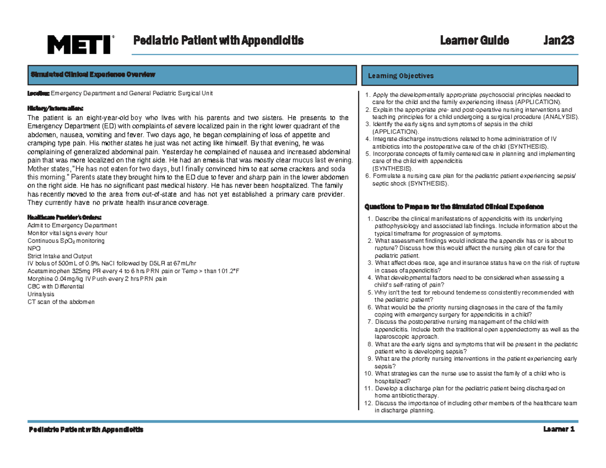 L4Peds Appy Learner Guide Jan 23 - Pediatric Patientwith Appendicitis ...