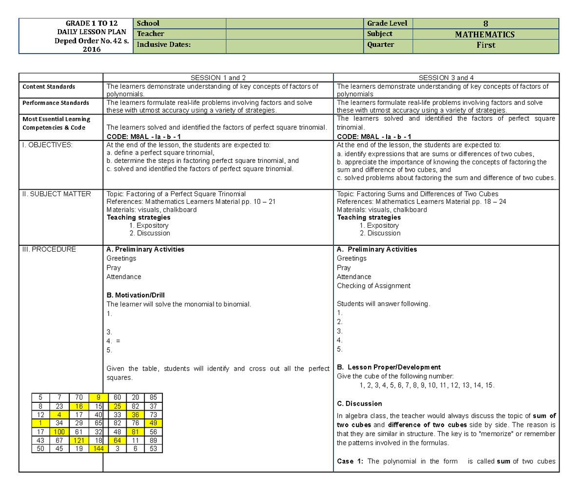 Sample-DLL - DLL in Math8 - SESSION 1 and 2 SESSION 3 and 4 Content Standards The learners - Studocu