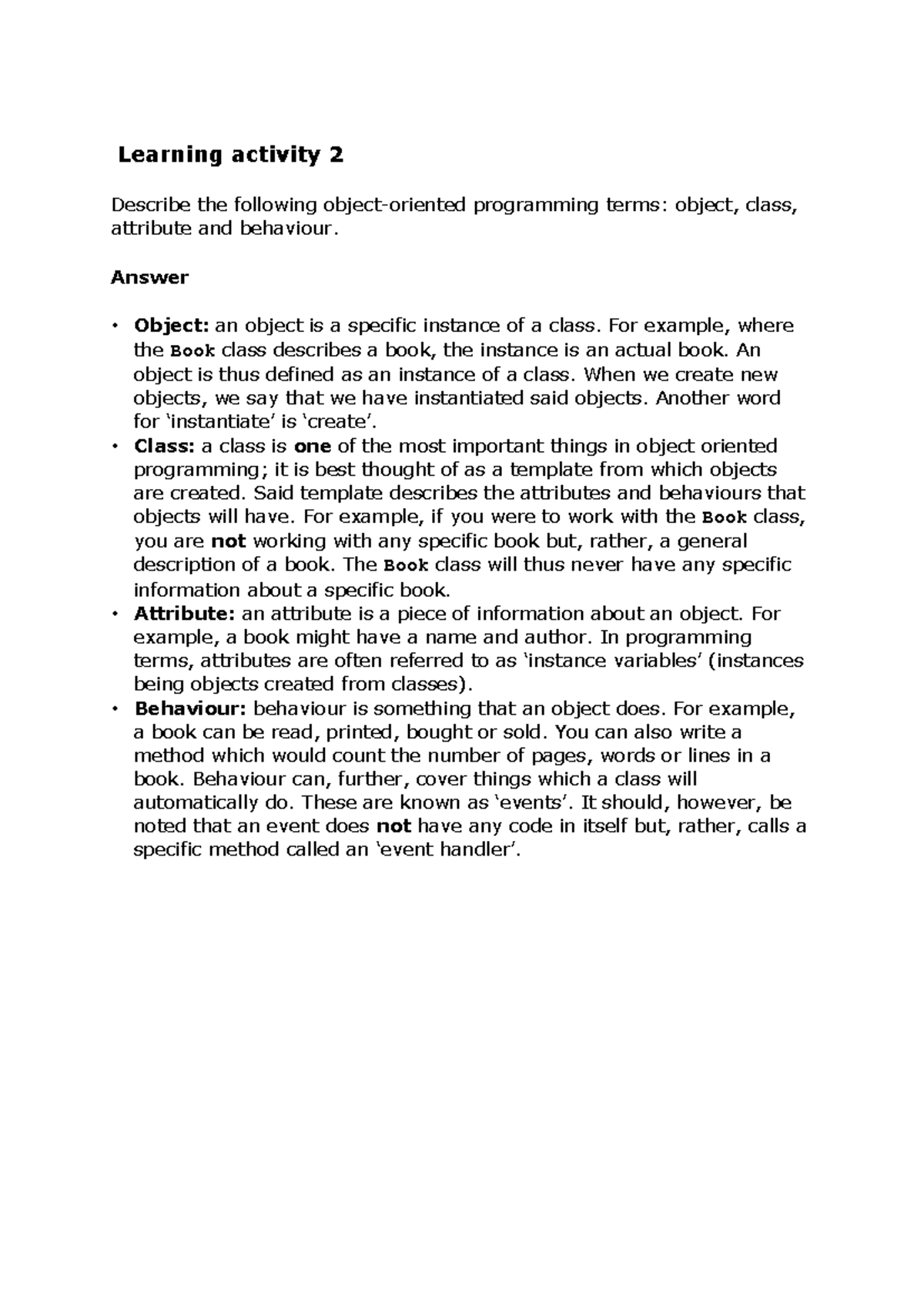 LAB WORK 2 - objects and modules - Learning activity 2 Describe the following object-oriented ...