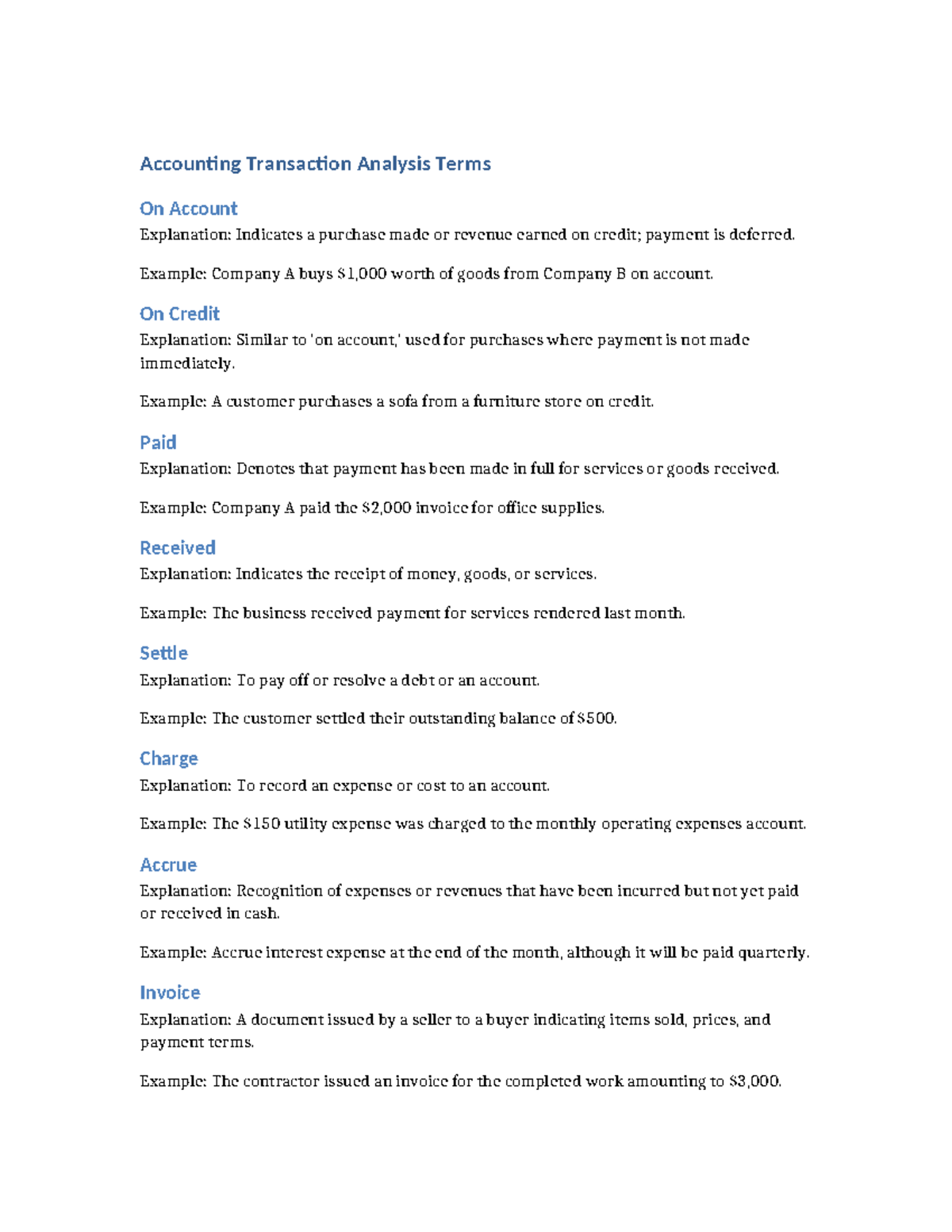 Accounting Transaction Analysis Terms - Example: Company A buys $1,000 ...