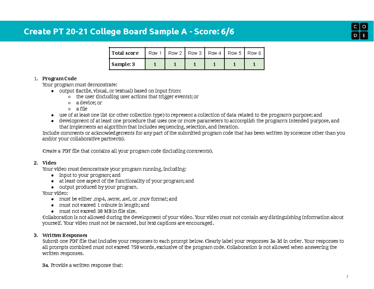 College Board Create PT Annotated Sample A (6 6) - Create PT 20-21 ...