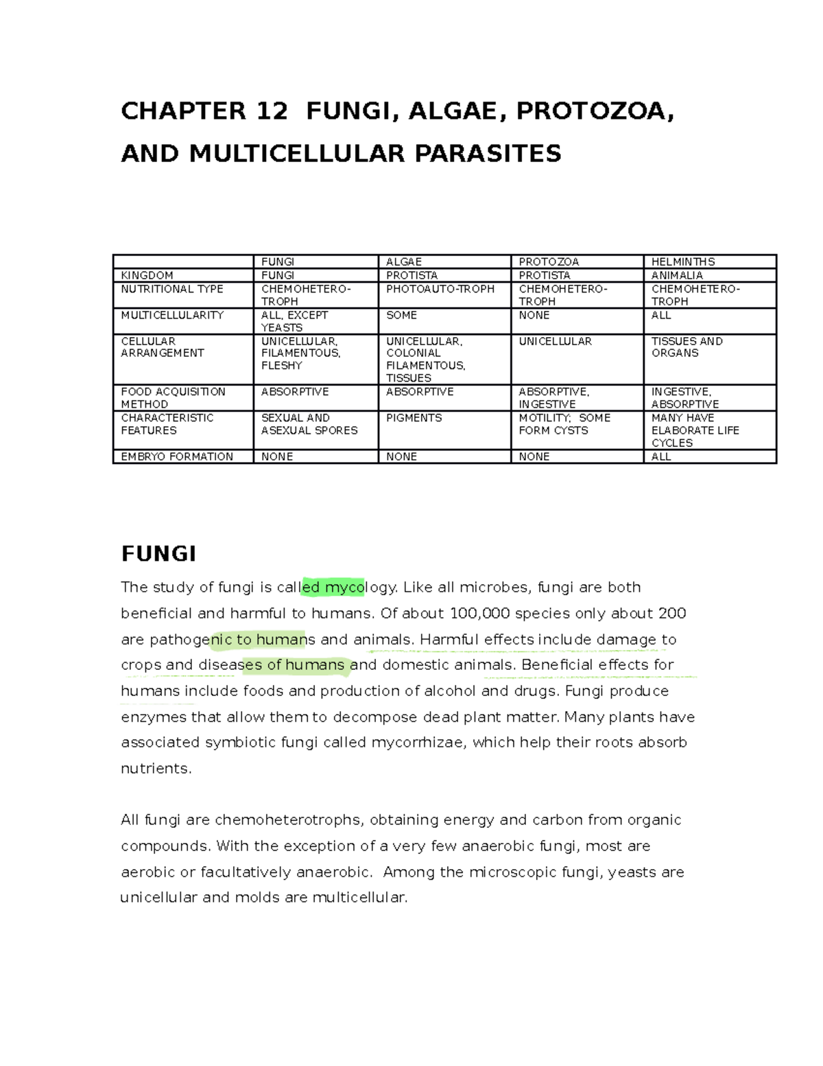 Fungi, Algae, Protozoa, and Multicellular Parasites - CHAPTER 12 FUNGI ...
